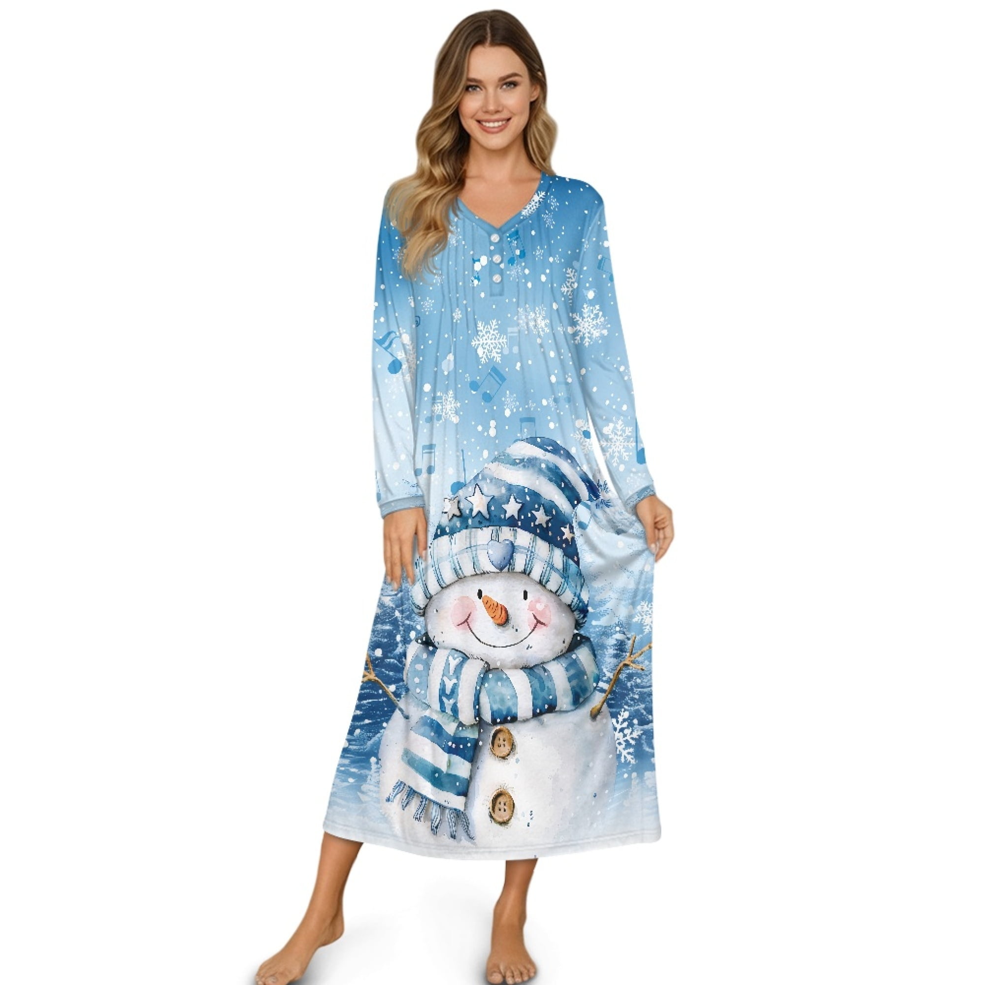 FKELYI Snowflake Snowman Print Womens Nightgowns Fall Long Sleeve House ...