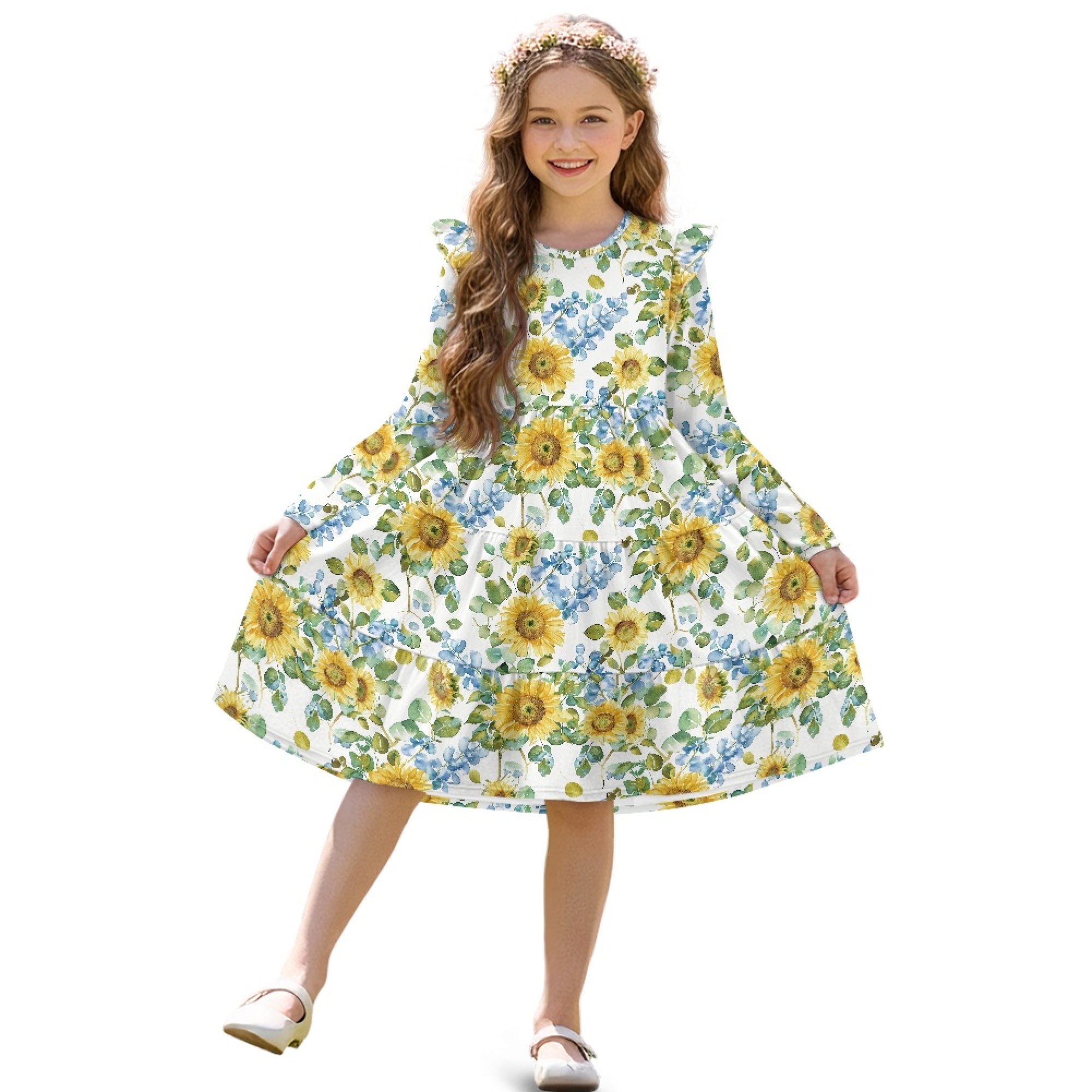 FKELYI Sunflower Blue Flower Print Long Sleeve Dress for Girls Tiered ...