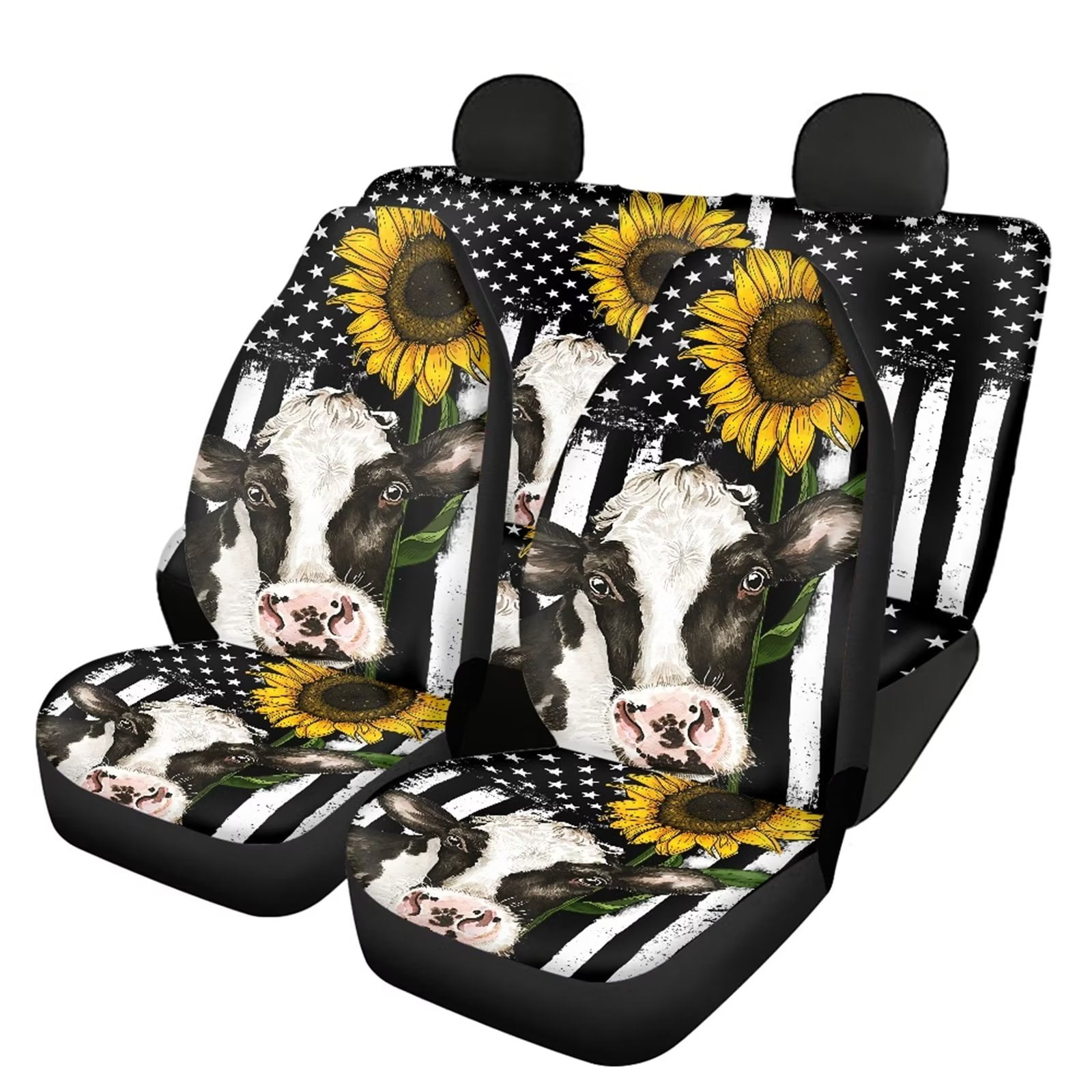Fkelyi Sunflower Cow Print Car Seat Covers Full Set American Flag