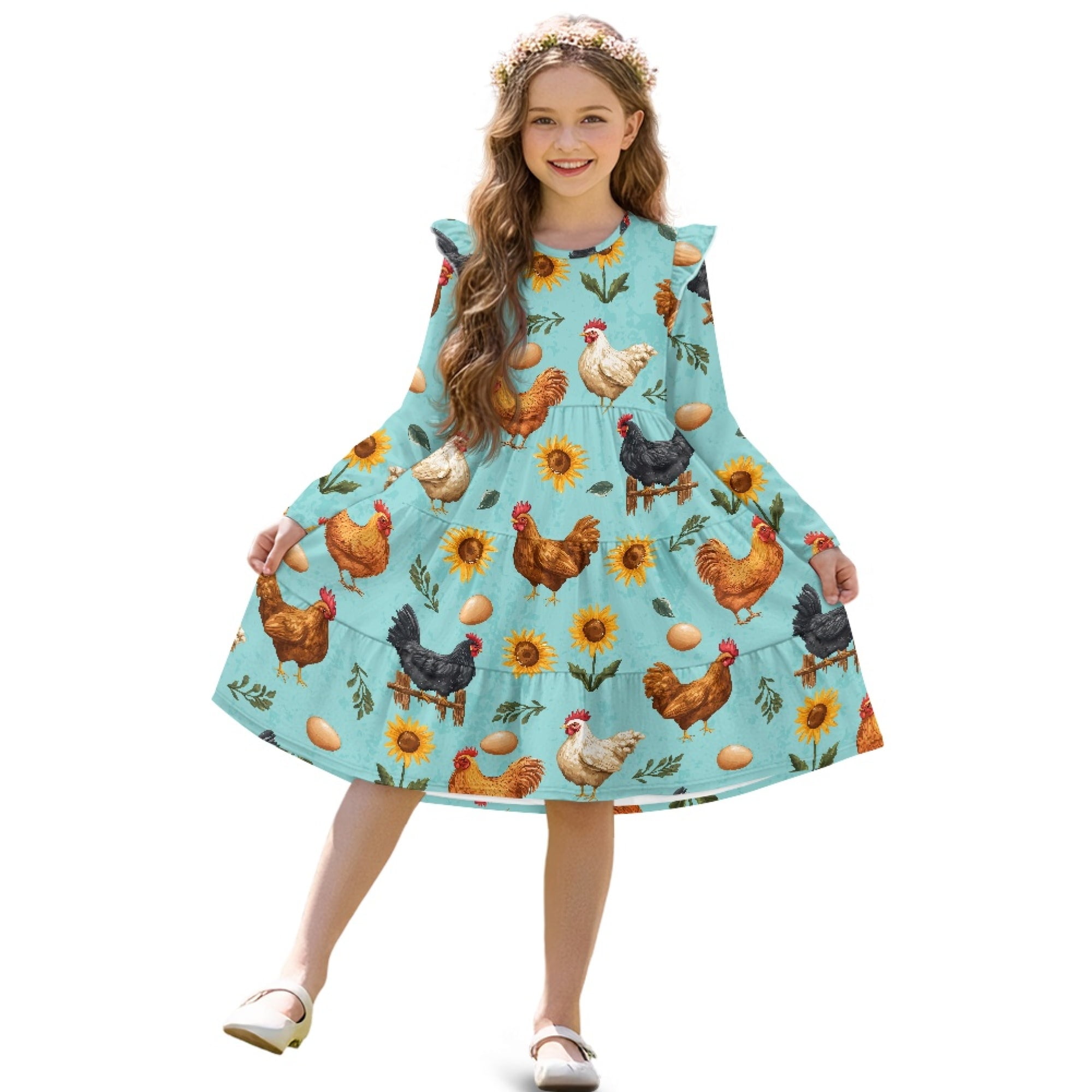 FKELYI Sunflower Rooster Egg Green Print Girls Long Sleeve Dress for ...