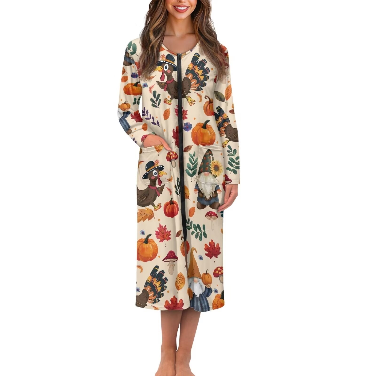 FKELYI Thanksgiving Fall Pumpkin Turkey Print Zippered Nightgowns for ...