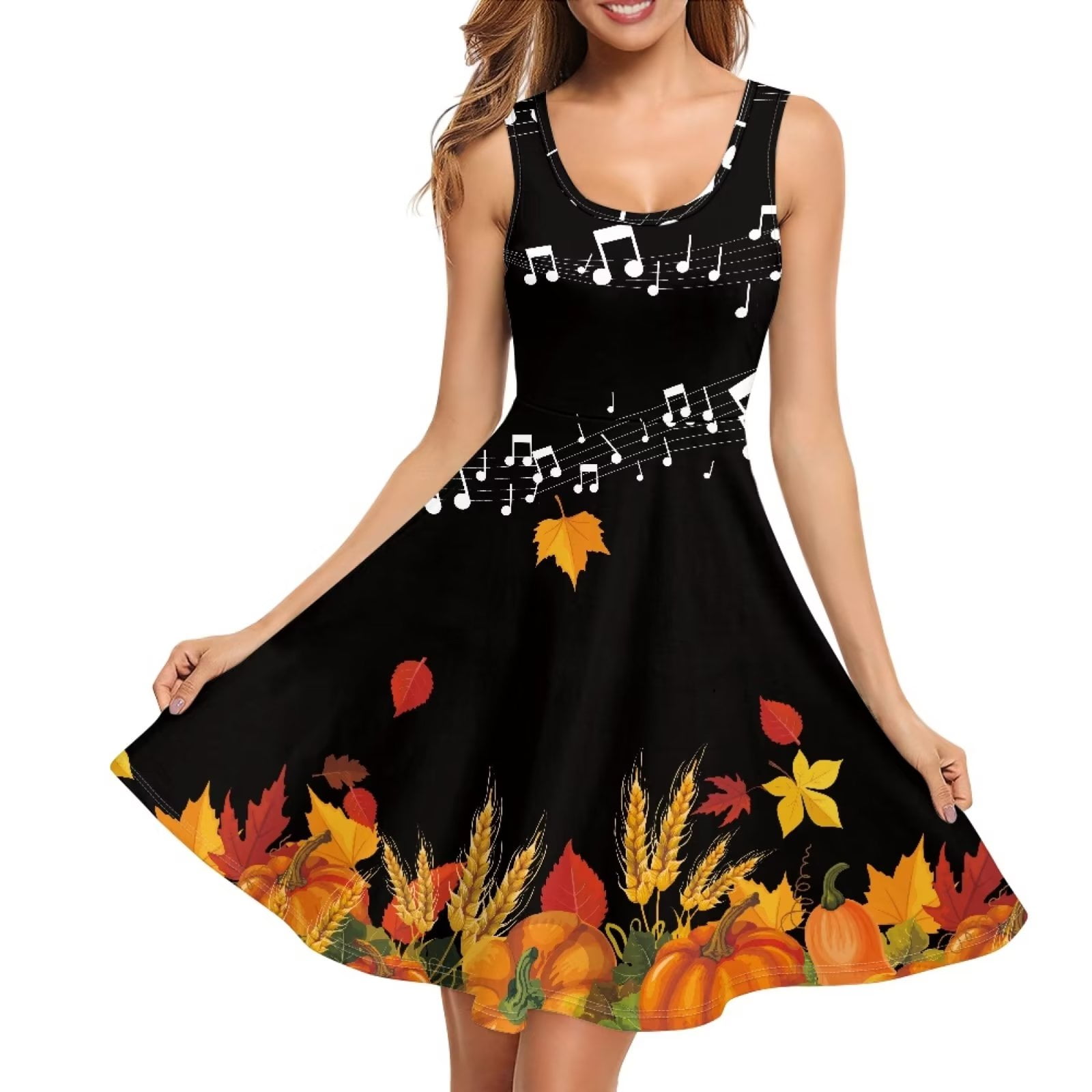 FKELYI Thanksgiving Sleeveless Dresses Casual Fall Maple Leaf Swing ...