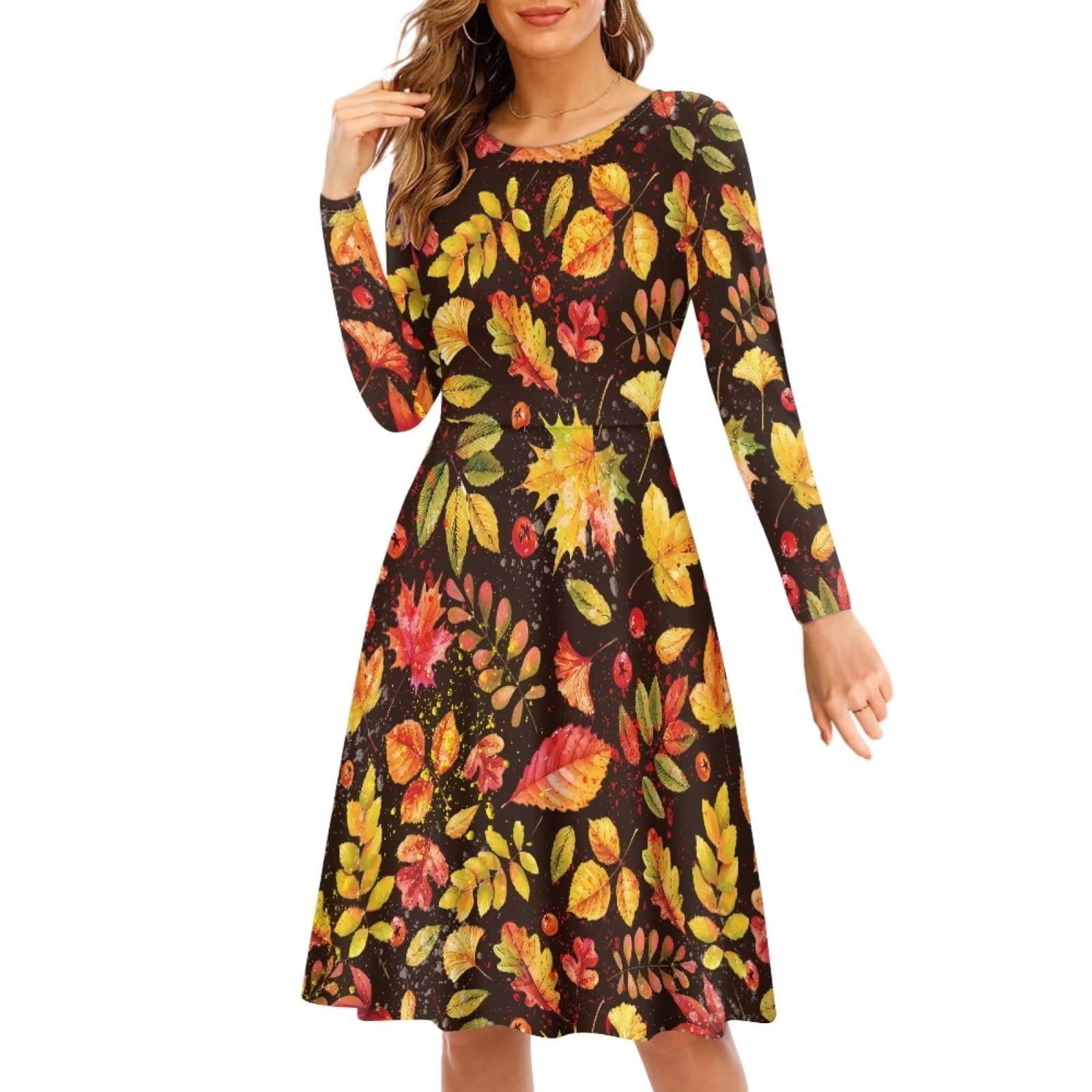 FKELYI Thanksgiving Women Dresses Knee Length Size L Casual Fall Maple ...