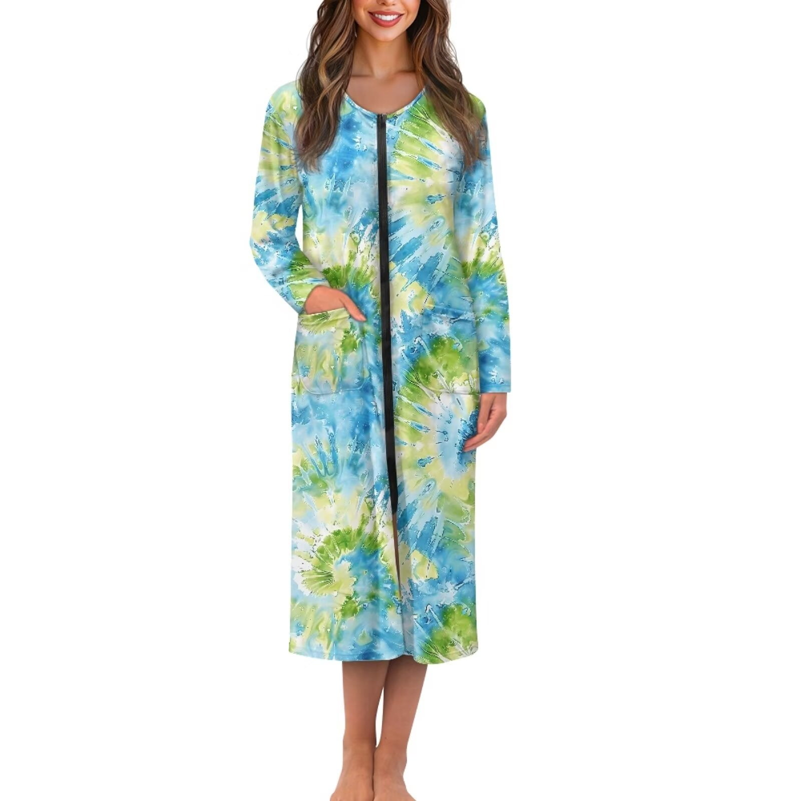 FKELYI Tie-Dye Flower Green Blue Print Zipper Front Robes for Women ...