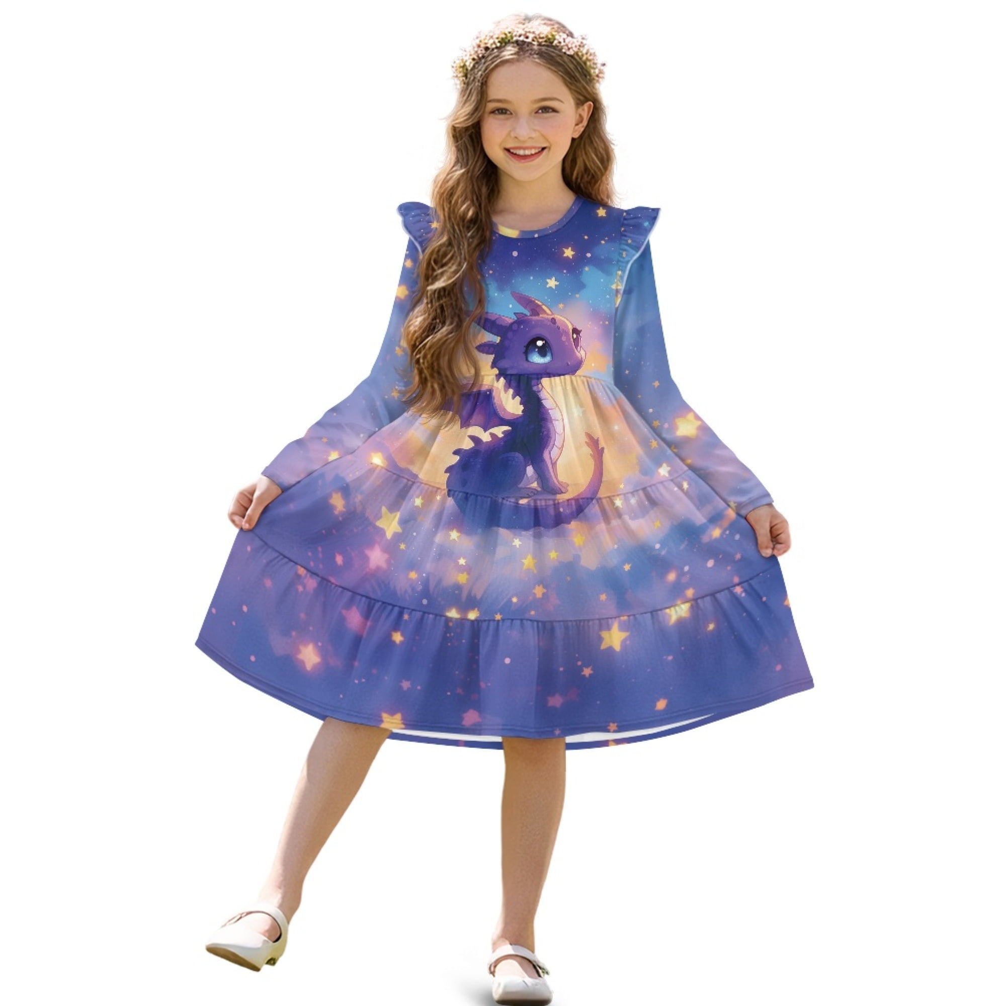 FKELYI Toddler Girl Long Sleeve Dresses Breathable A-Line Ruffle Trim ...