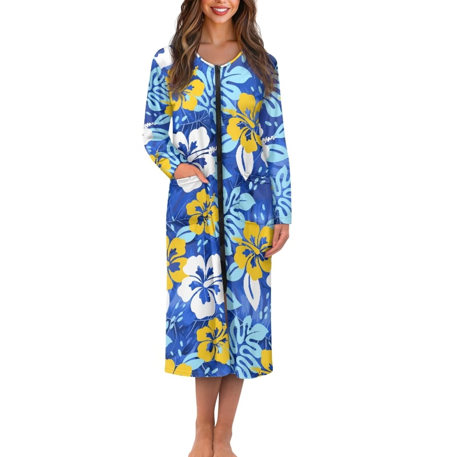FKELYI Tropical Hibiscus Flower Blue Yellow Print Women's Zipper Front ...