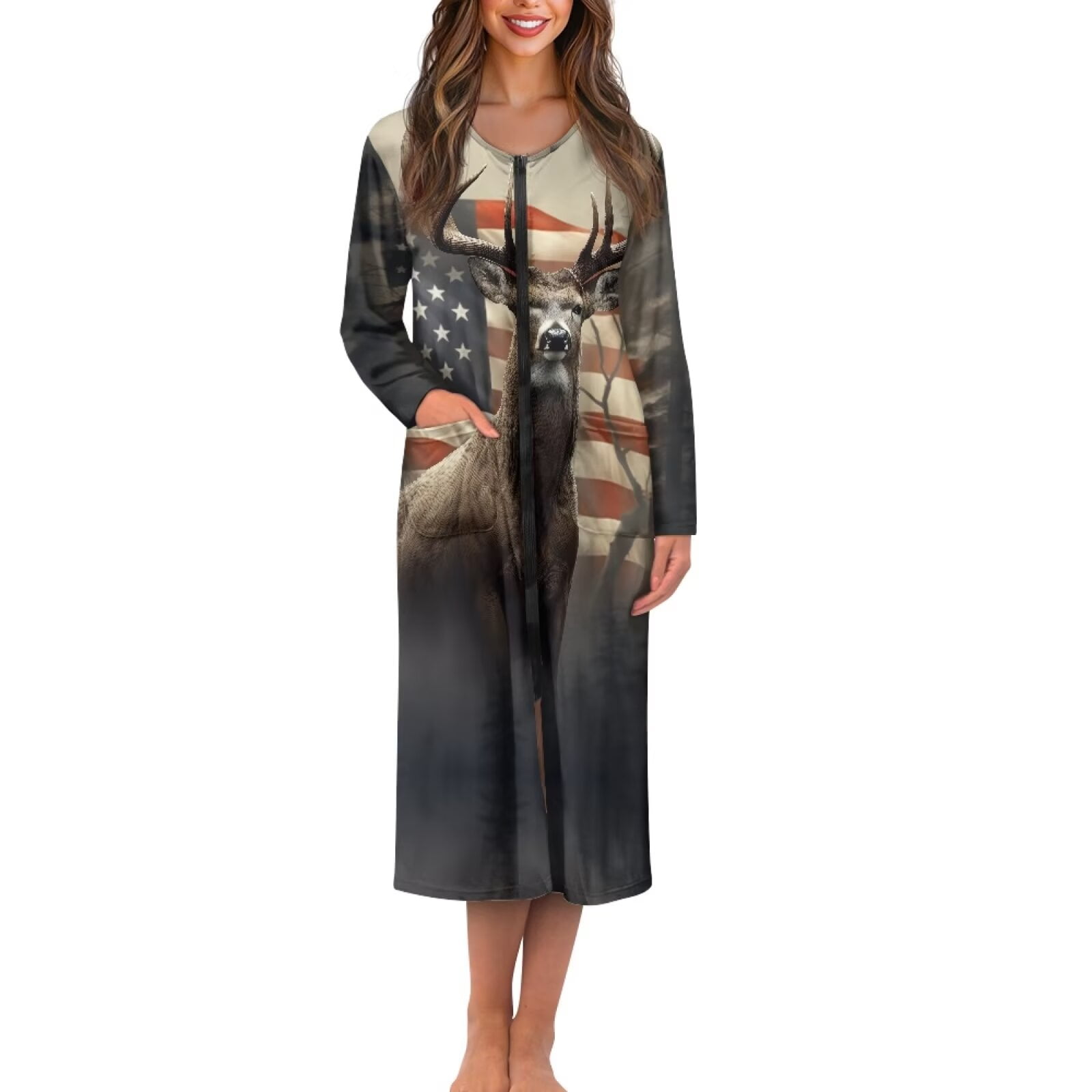 FKELYI Vintage American Flag Elk Print Zipper Front Robes Women ...