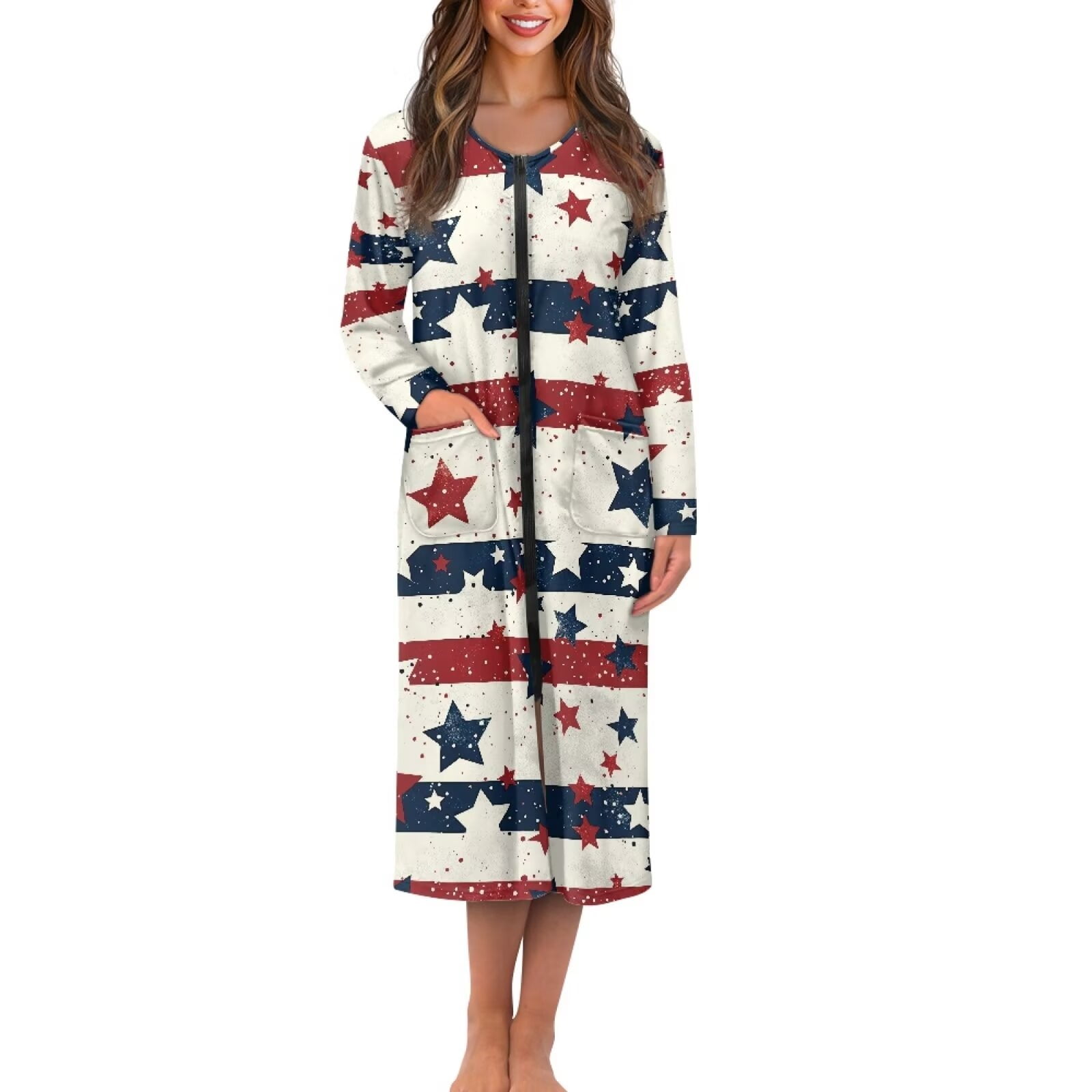 FKELYI Vintage American Flag Print Zipper Front Nightgown Women ...