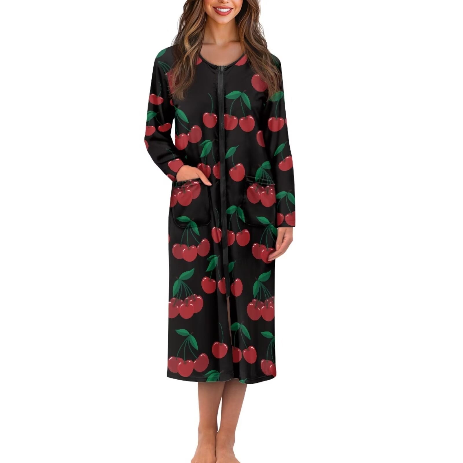 FKELYI Vintage Cherry Print Fall Zipper Front Robes Nightgownd Women's ...