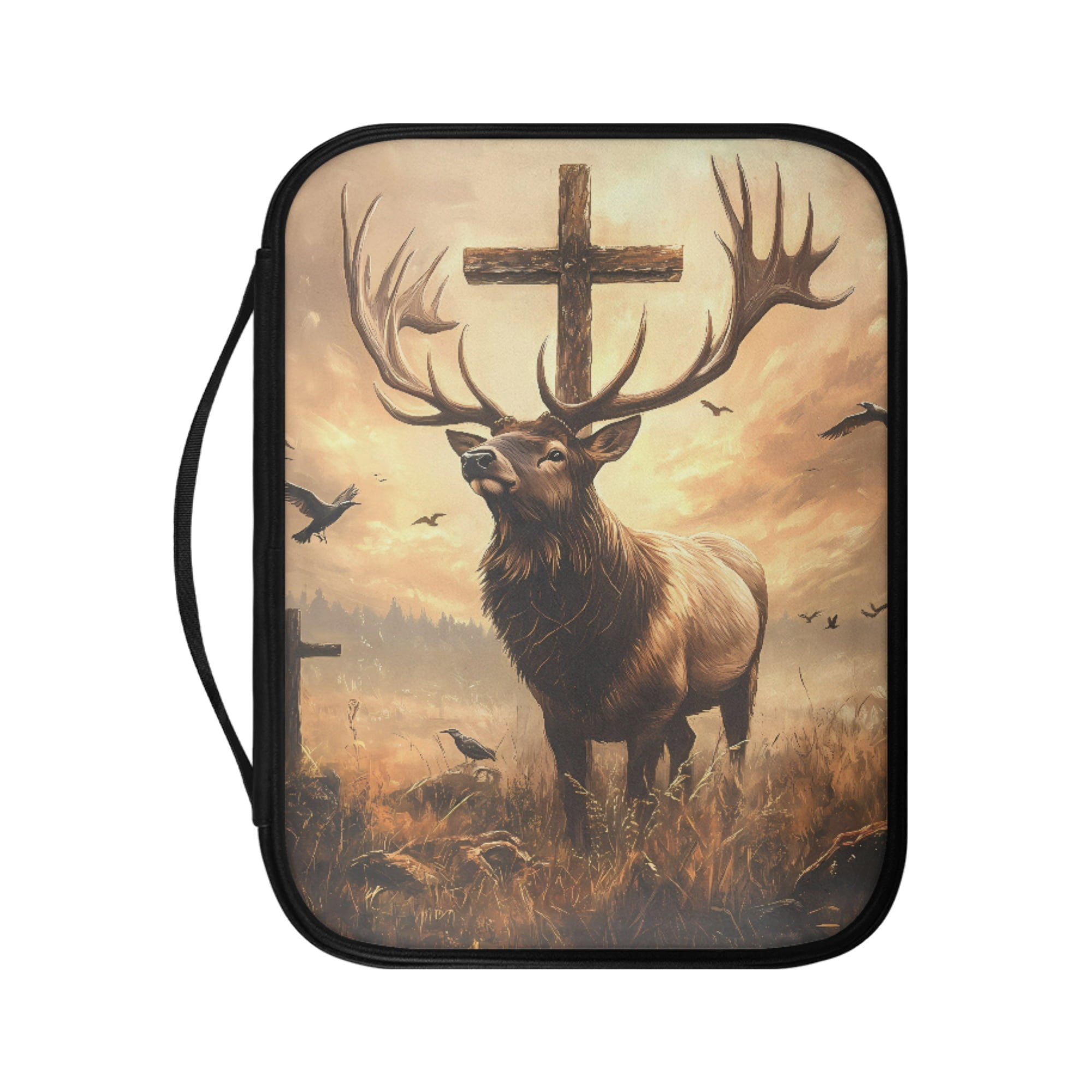 FKELYI Vintage Elk Cross Print PU Leather Bible Cover Zippered Bible ...