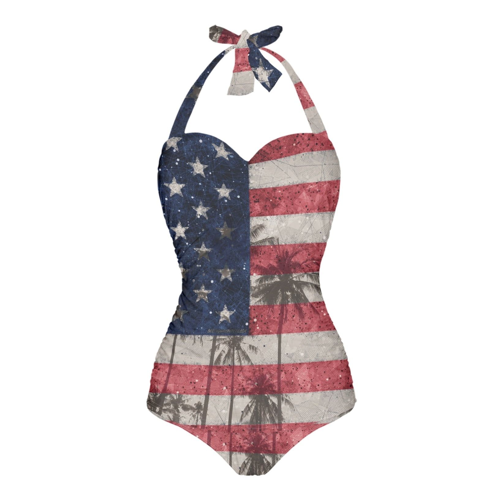 FKELYI Vintage USA Flag Palm Tree Print Polyester Swimwear One Piece ...