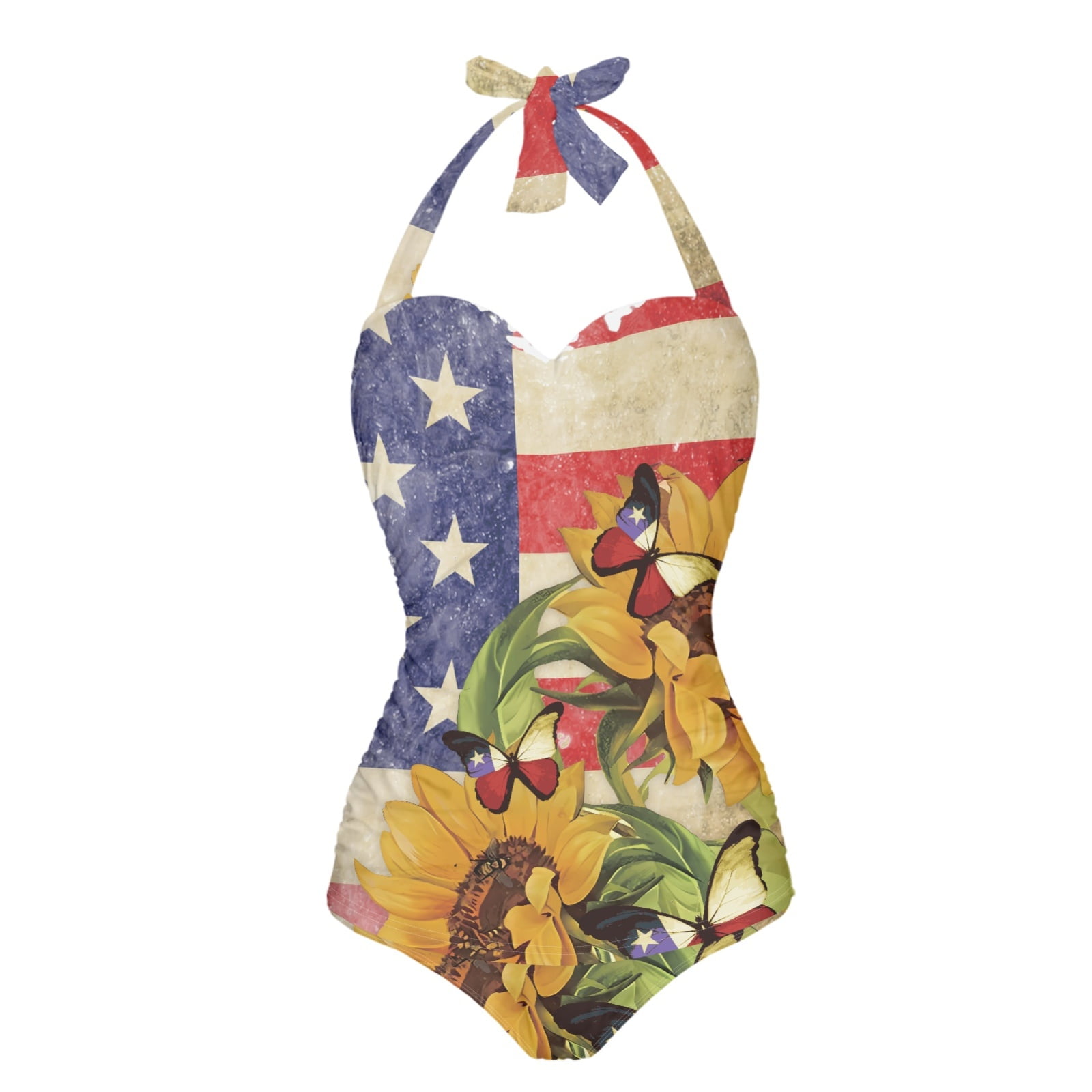 FKELYI Vintage USA Flag Sunflower Butterfly Print Swimsuits for Women ...