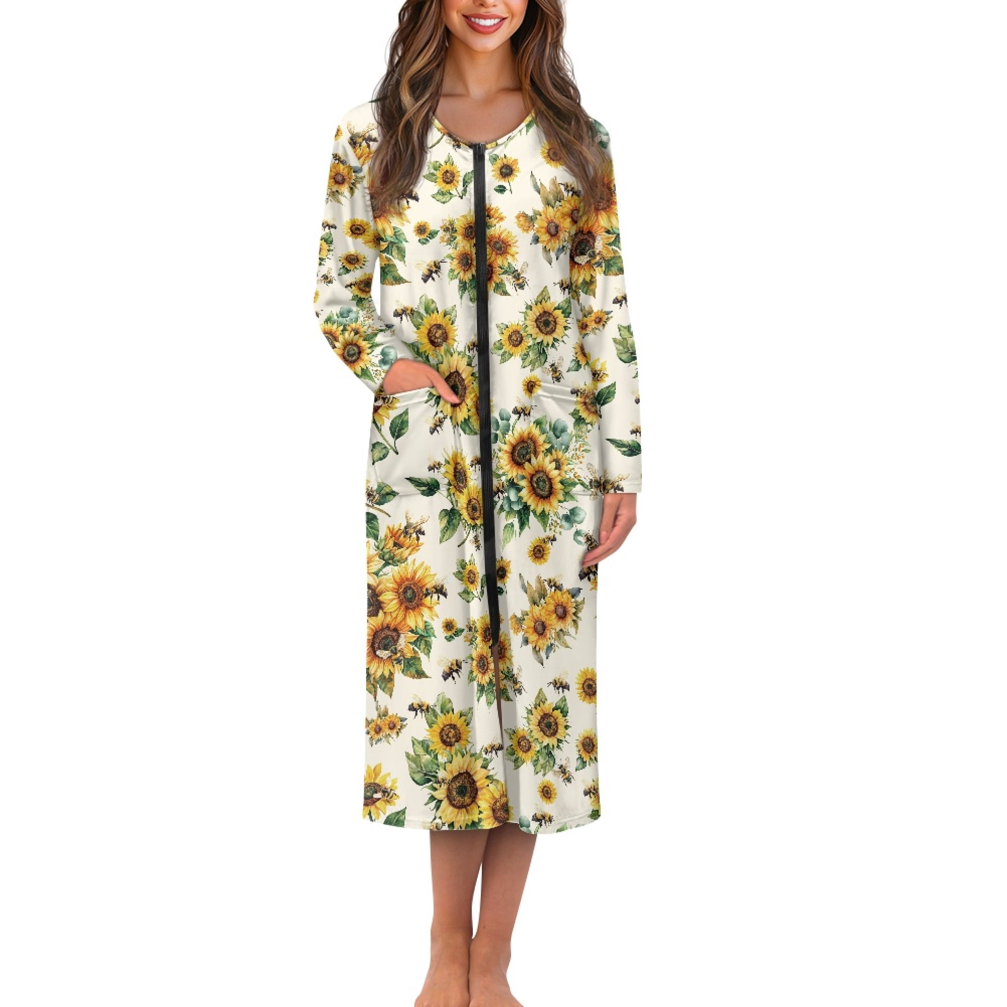 FKELYI Women Long Sleeve Nightgowns Confy Sleepwear Dress Sunflower Bee ...