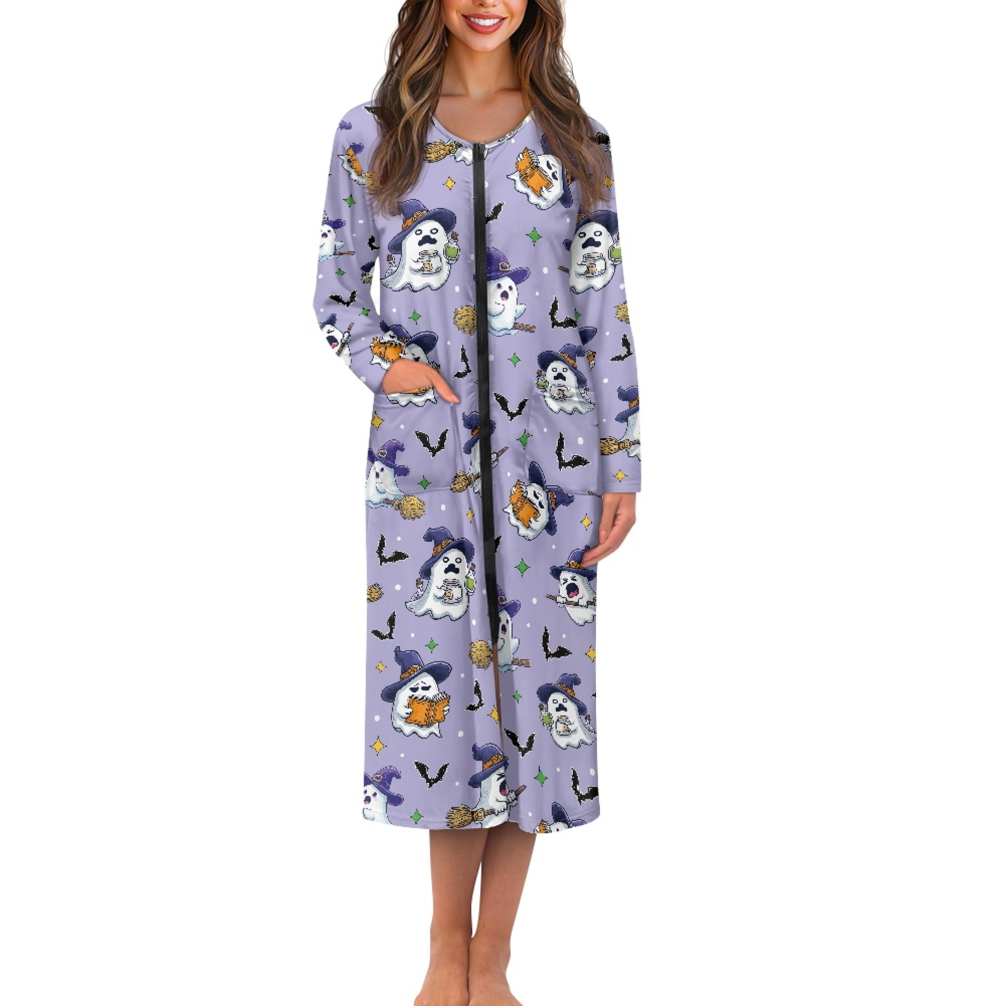 FKELYI Women Zip Up Robe Nightgowns Comfy House Coats Halloween Ghost ...