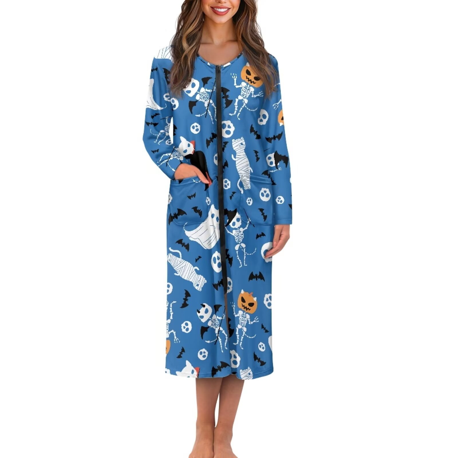 FKELYI Women Zip Up Front House Coat with 2 Pockets Halloween Ghost ...