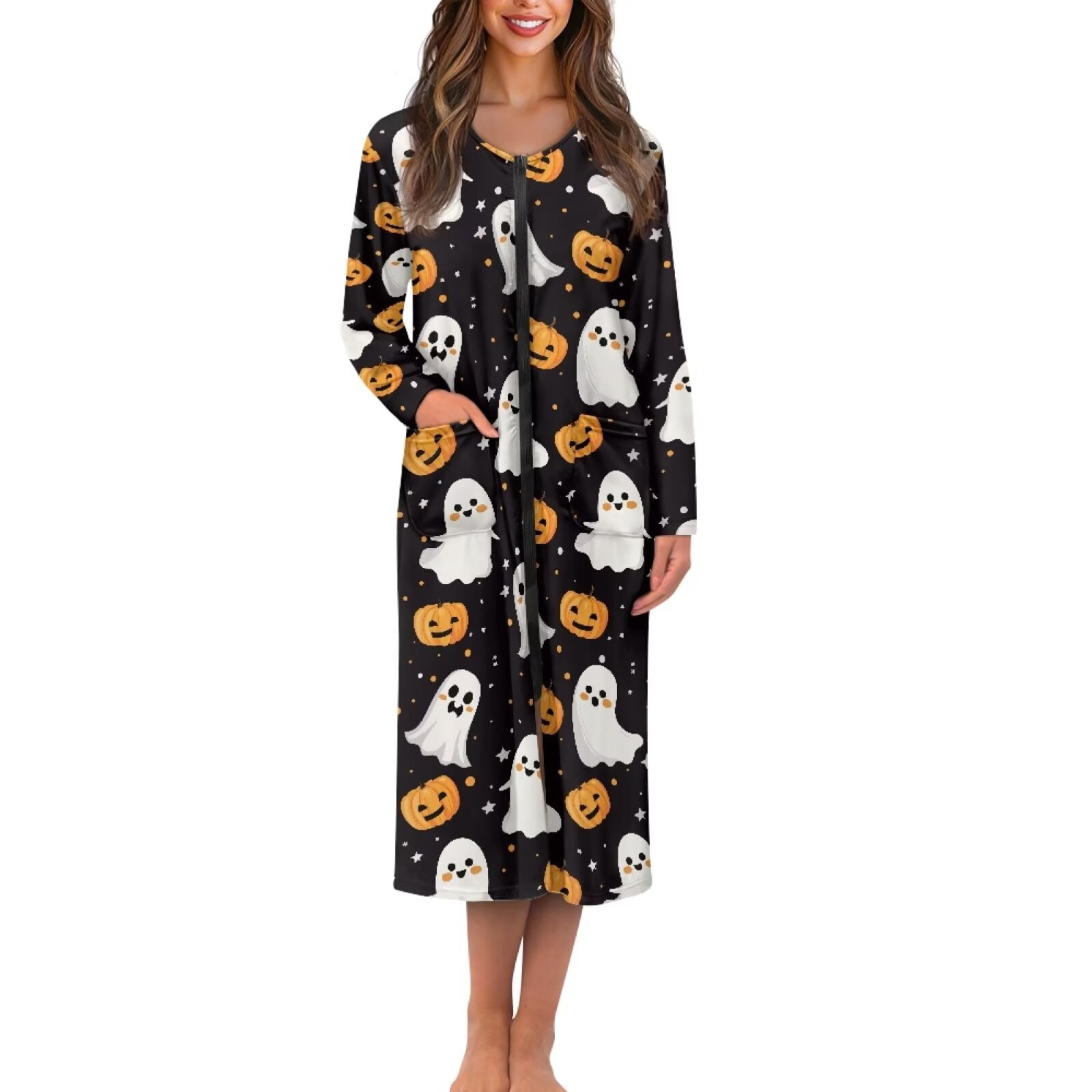FKELYI Women Zip Up Robe Nightgowns Halloween Pumpkin Ghost Print Comfy ...