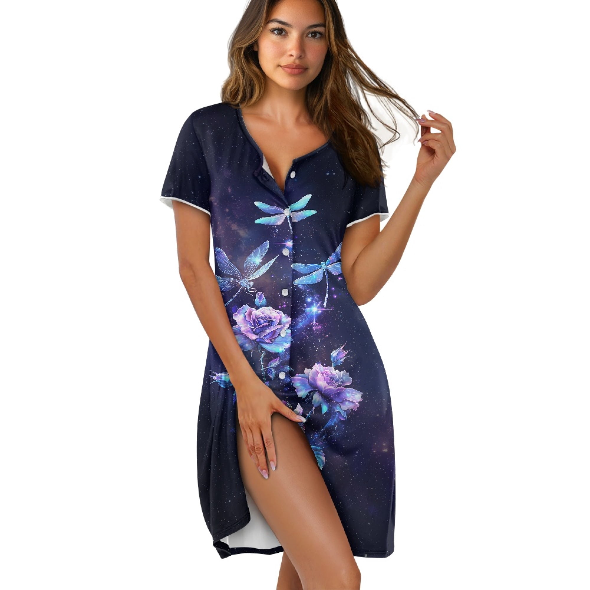 FKELYI Women's Nightgown Short Sleeve Pajama Dress Purple Peony Floral ...