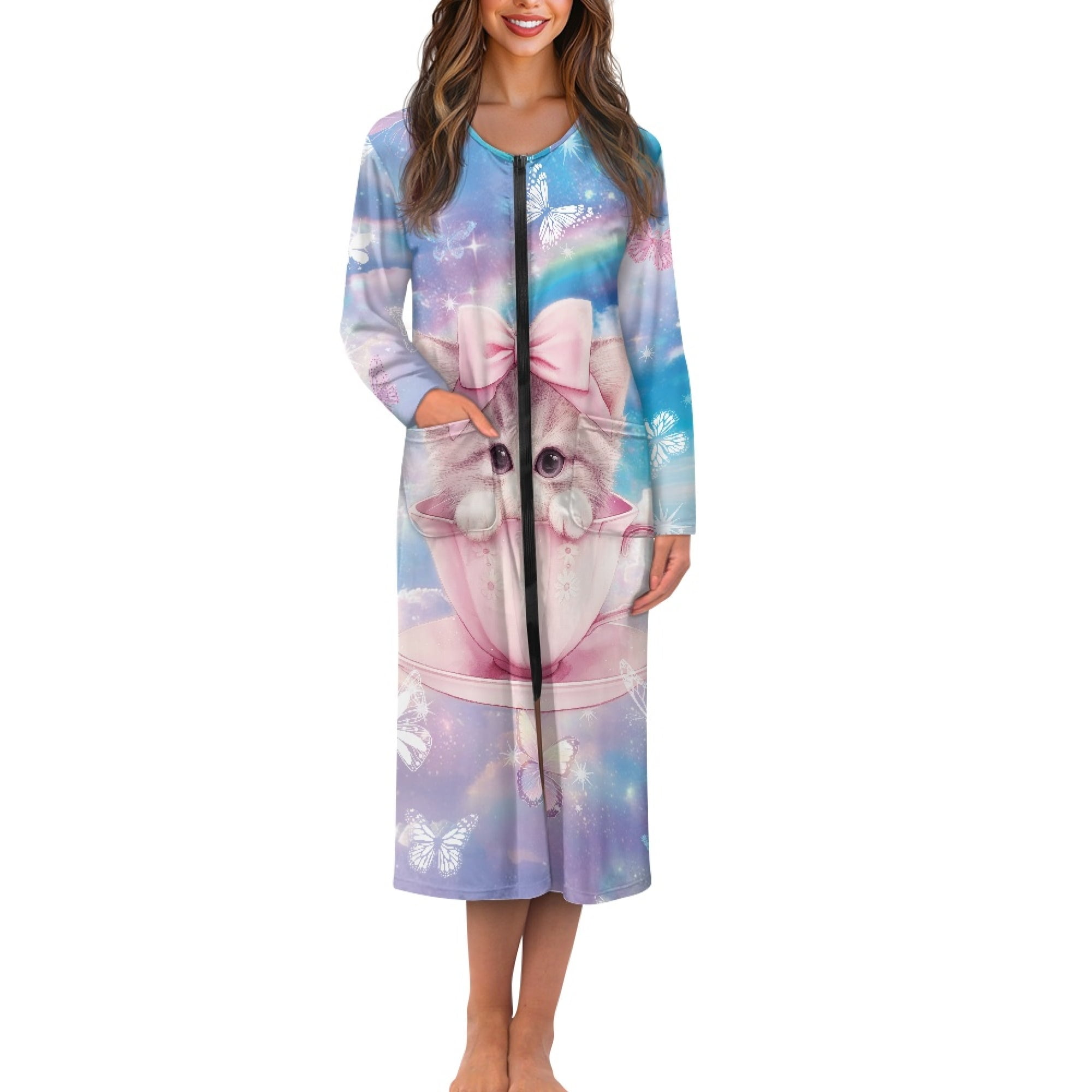 FKELYI Women's Zipper Front Robe Nightgowns with Pockets Pink Cat ...