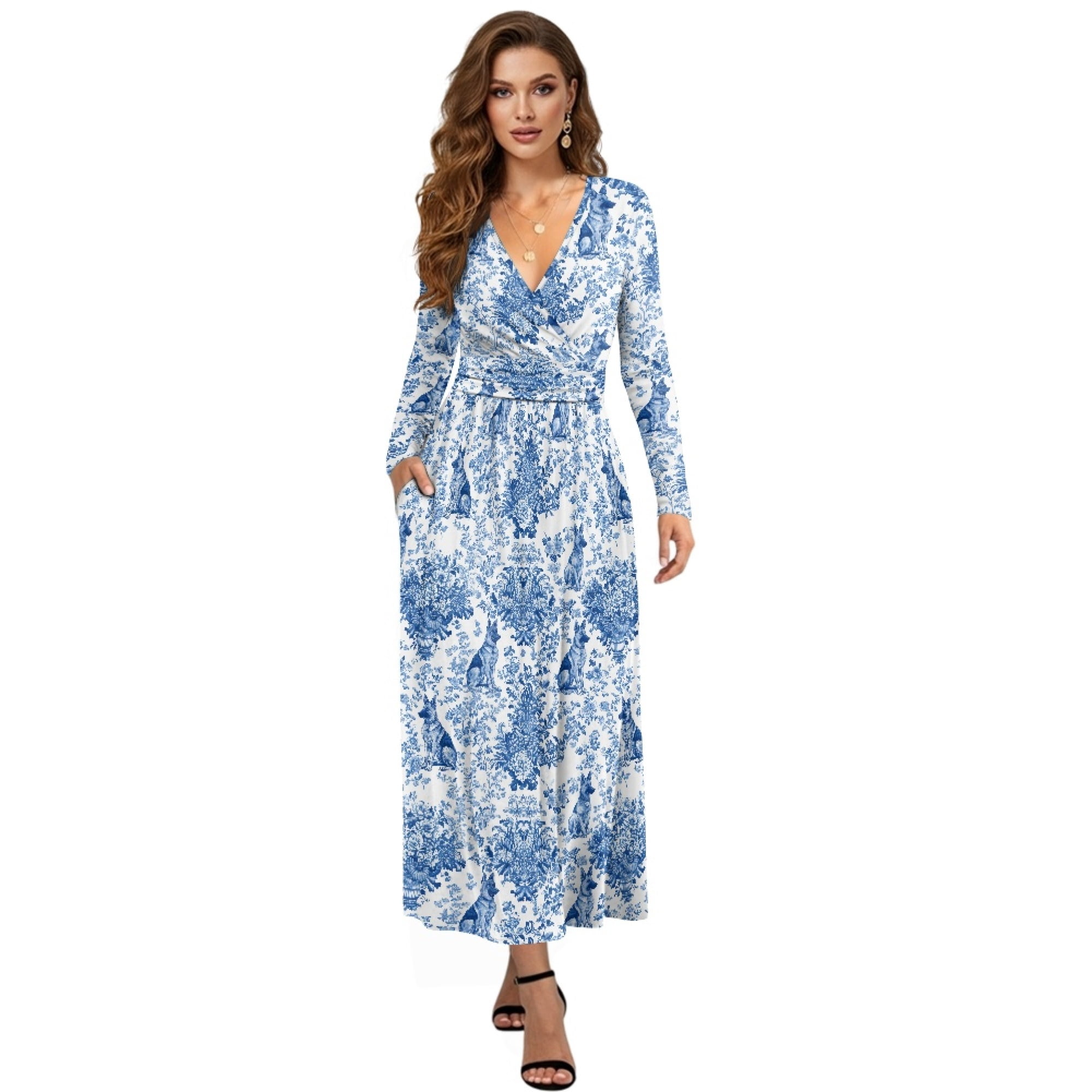 FKELYI Womens Fall Dress Long Sleeve Maxi Dress for Wedding Party Blue ...