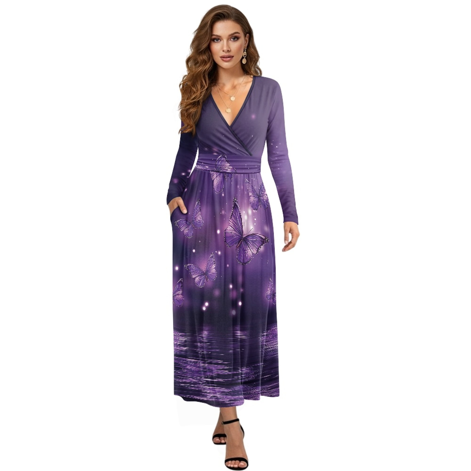 FKELYI Womens Fall Maxi Dress Purple Butterfly Print V-Neck Long Sleeve ...