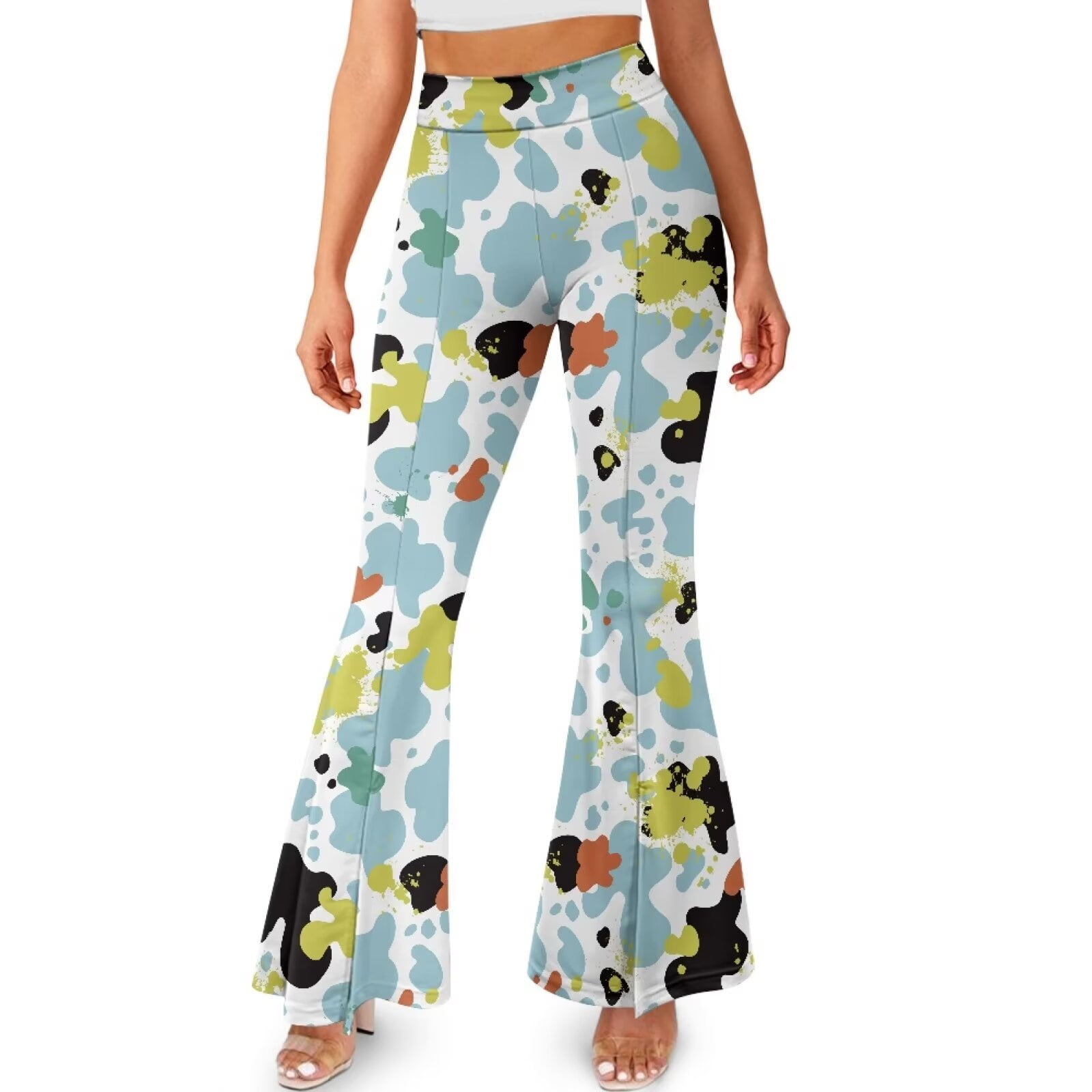 FKELYI Womne's Flare Leggings Bell Bottom Yoga Pants Cow Green Blue ...
