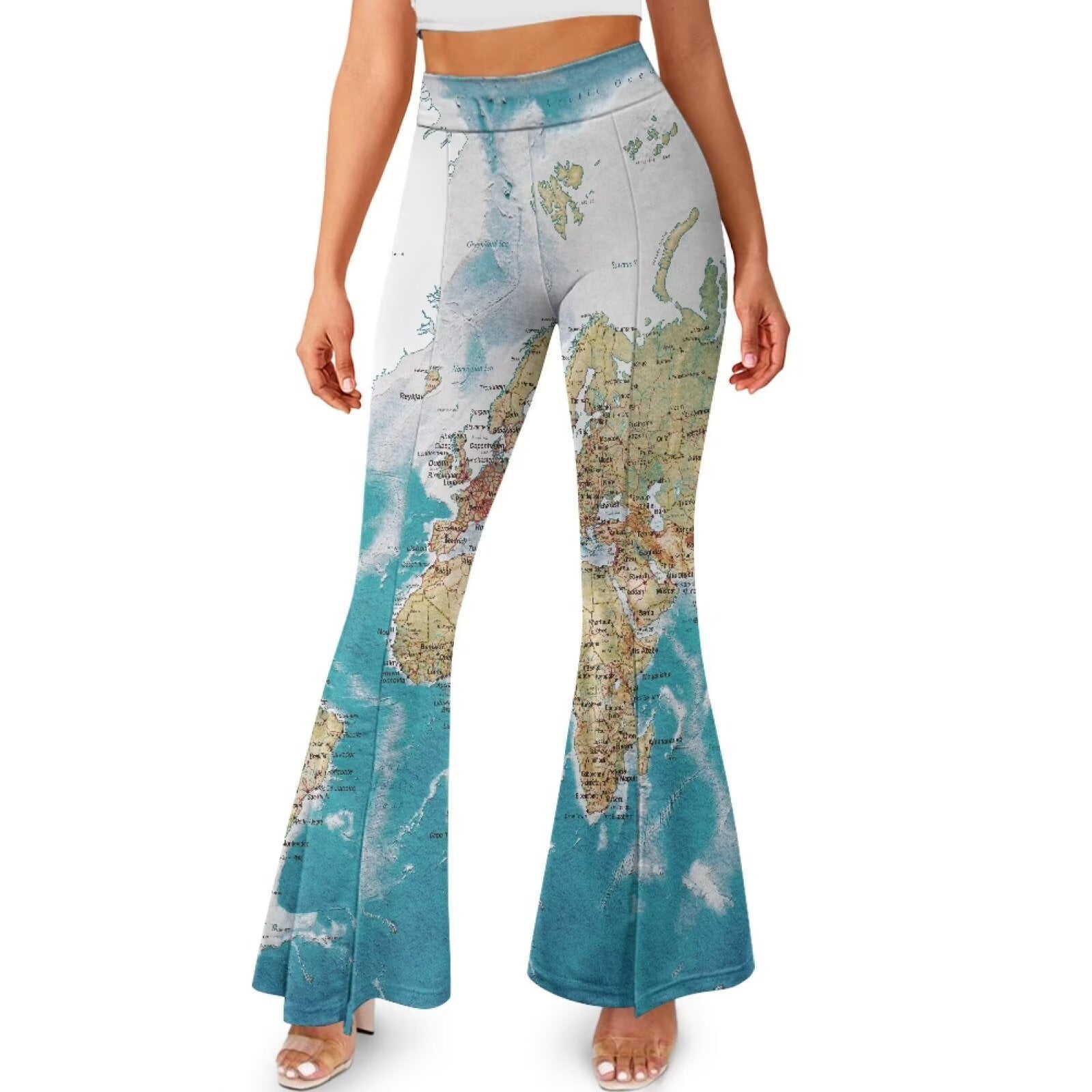 FKELYI World Map Print Flare Leggings Bell Bottom Yoga Pants for Women ...