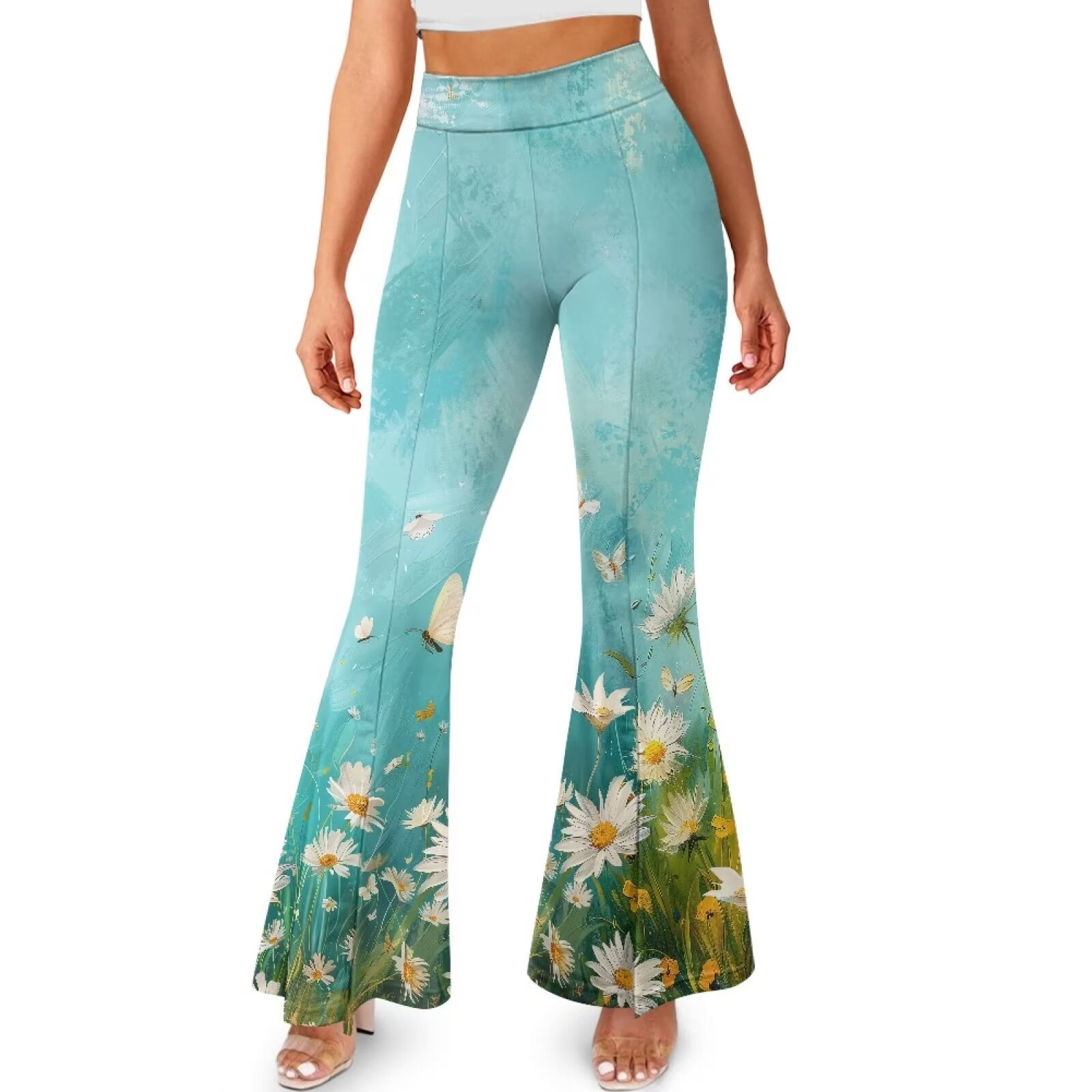 FKELYI Yoga Pants for Women Tummy Control Wide Leg Pants Vintage Daisy ...