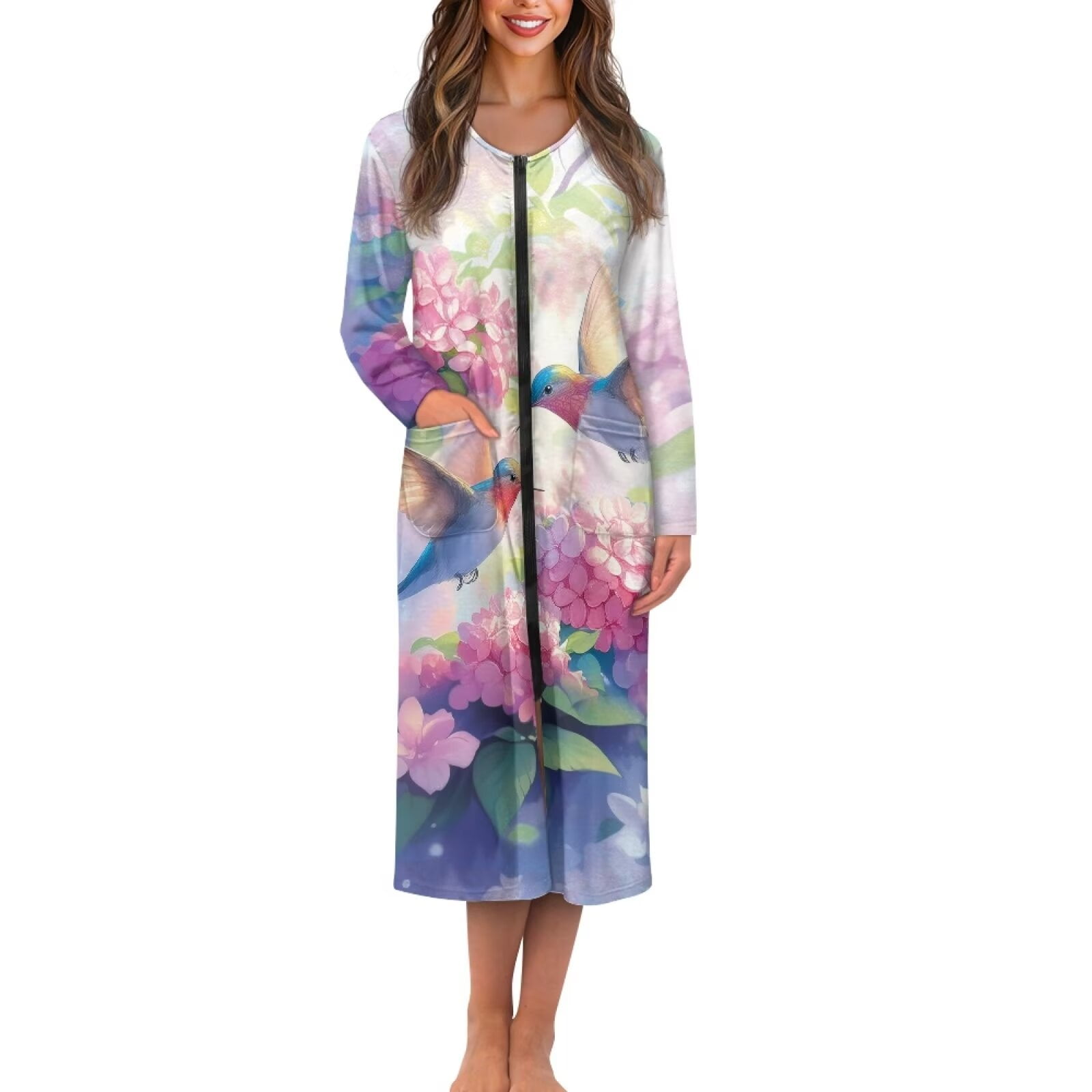 FKELYI Zip-Up Front Robes Women Nightgowns Hydrangea Flower Hummingbird ...