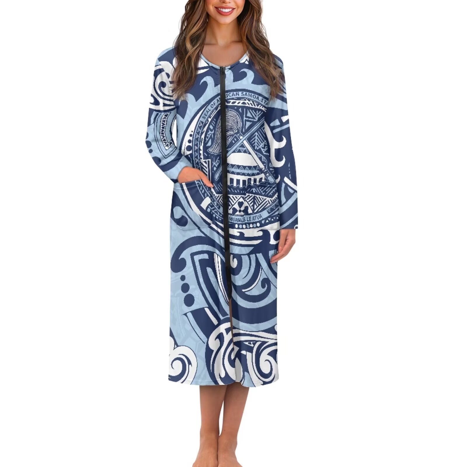 FKELYI Zipper Front Nightgown Polynesian Flower Blue Print Women ...