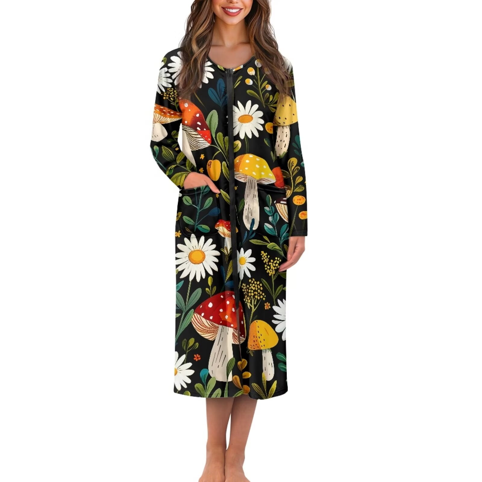 FKELYI Zipper Front Nightgown Women Sleepwear Dress with 2 Pockets ...