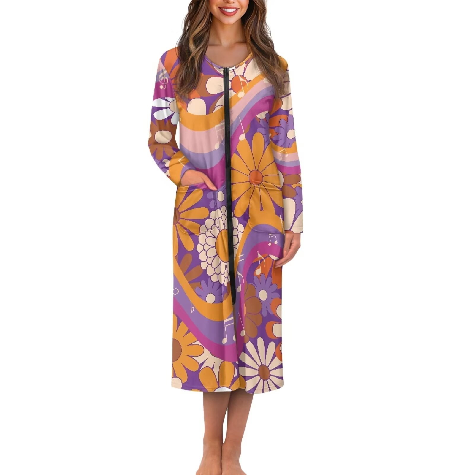 FKELYI Zipper Front Nightgown Women Sleepwear Dress Groovy Hippie ...