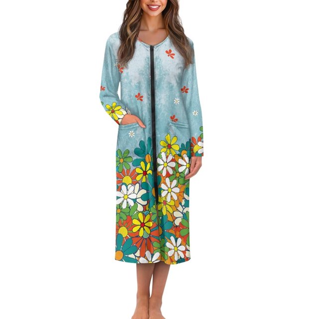 FKELYI Zipper Front Robes Cute Hippie Flower Print Nightgown Women ...