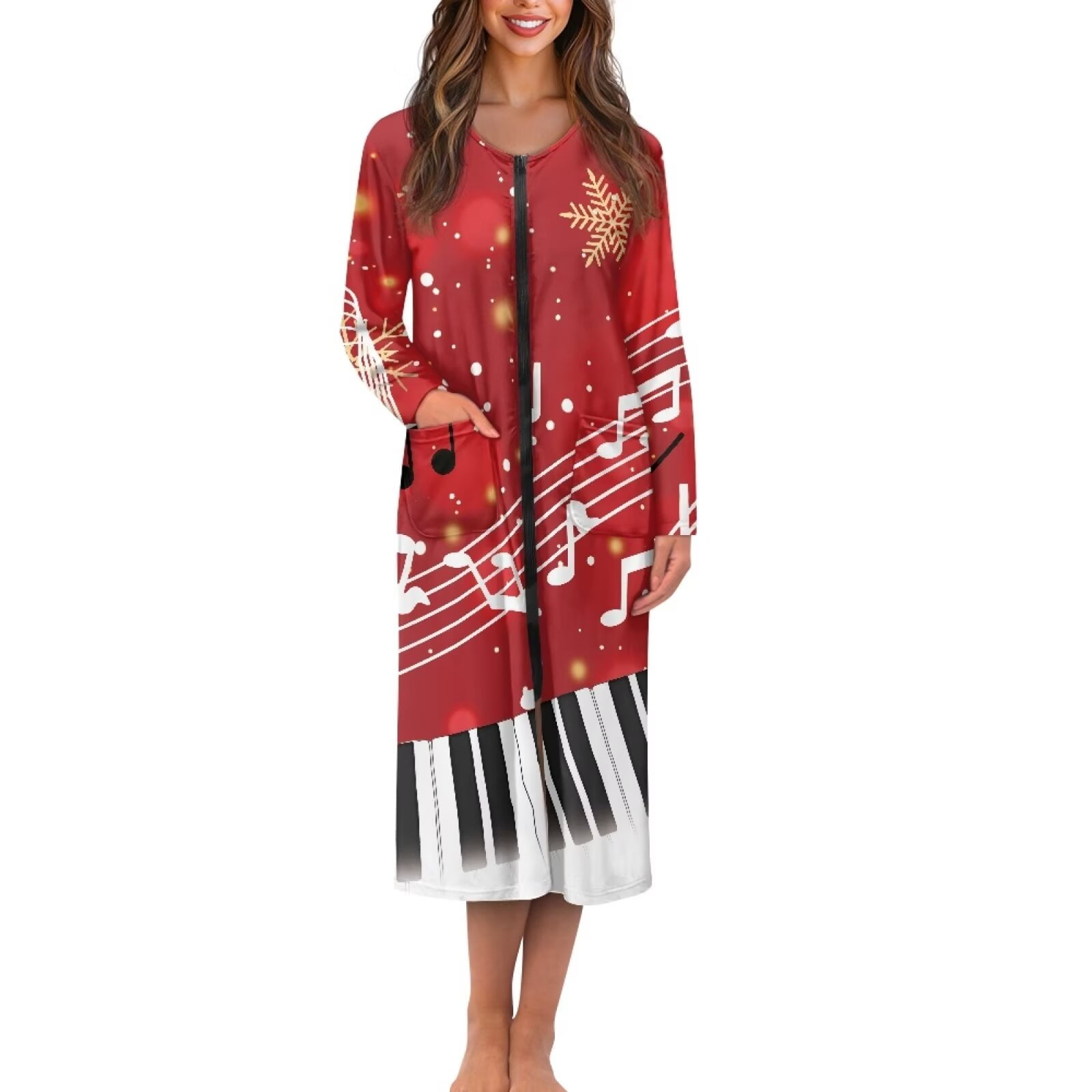 FKELYI Zipper Front Robes Nightgowns Christmas Snowflake Piano Musical ...