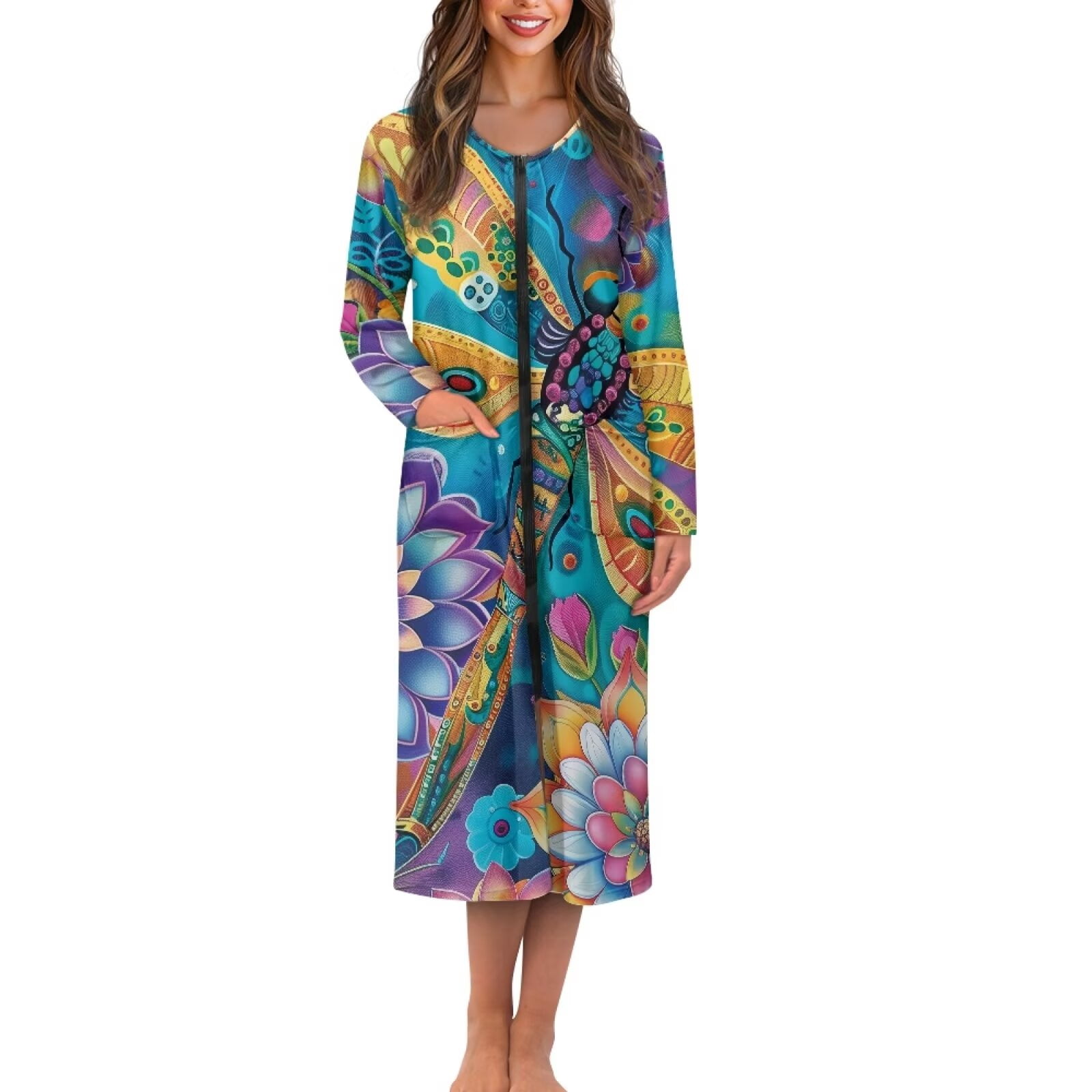 FKELYI Zipper Front Robes for Women Nightgowns Comfy Nightwear Dress ...