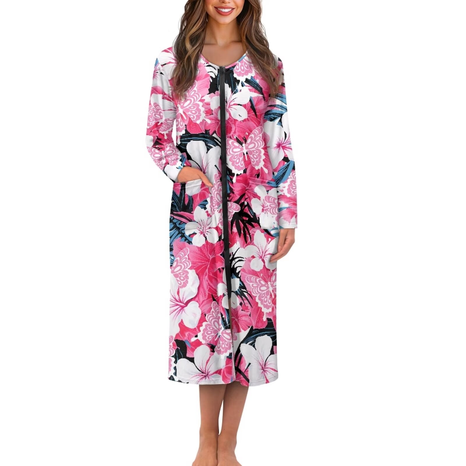 FKELYI Zipper Front Robes for Women Nightgowns Comfy Nightwear Dress ...