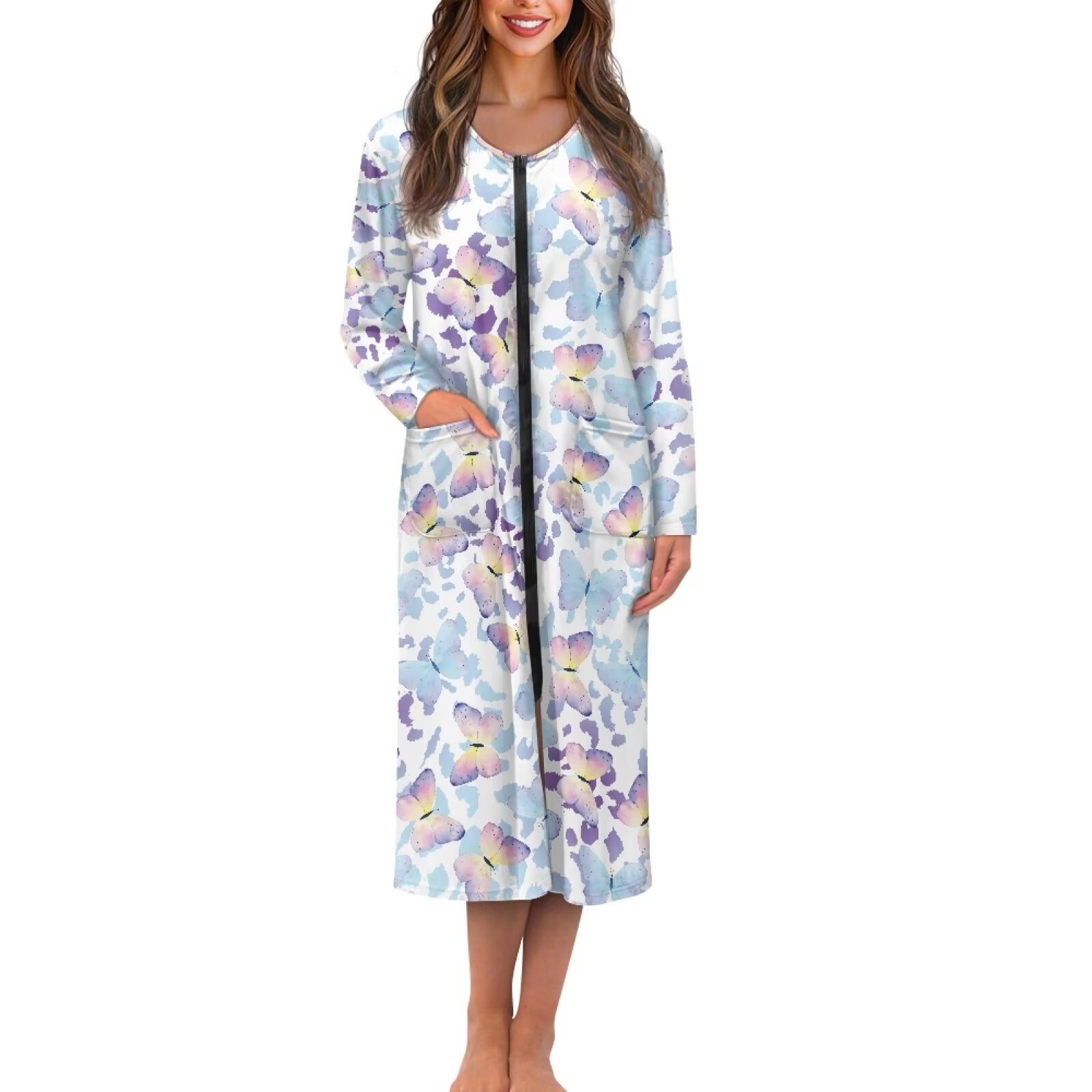 FKELYI Zipper Front Robes for Women Nightgowns Gradient Butterfly Print ...