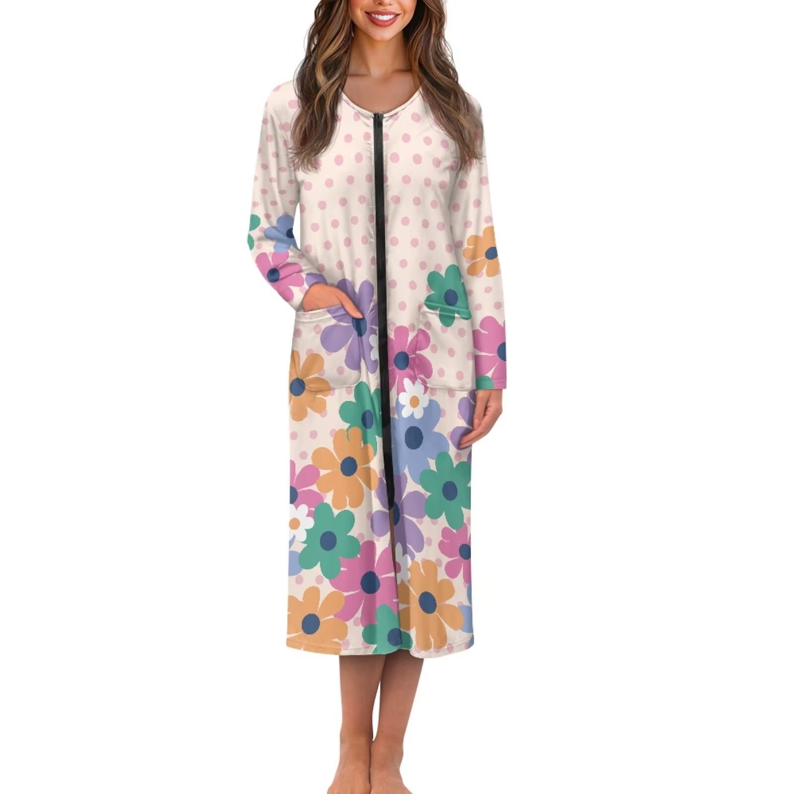 FKELYI Zipper Front Robes for Women Nightgowns Hippie Flower Wave Point ...