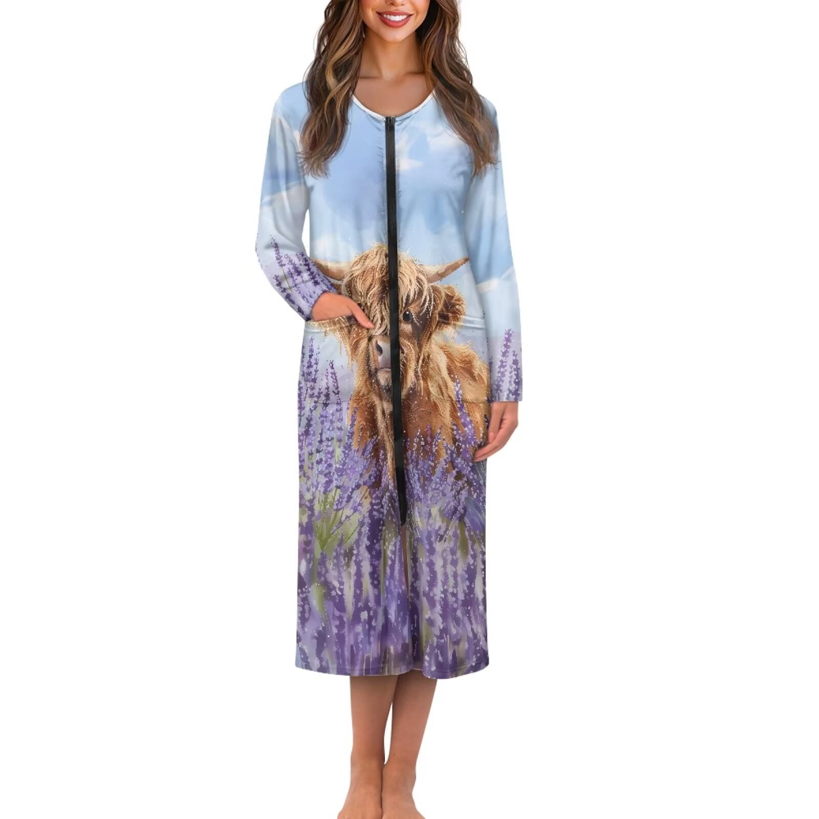 FKELYI Zipper Front Robes Women Nightgowns Long Sleeve Sleepwear Dress ...