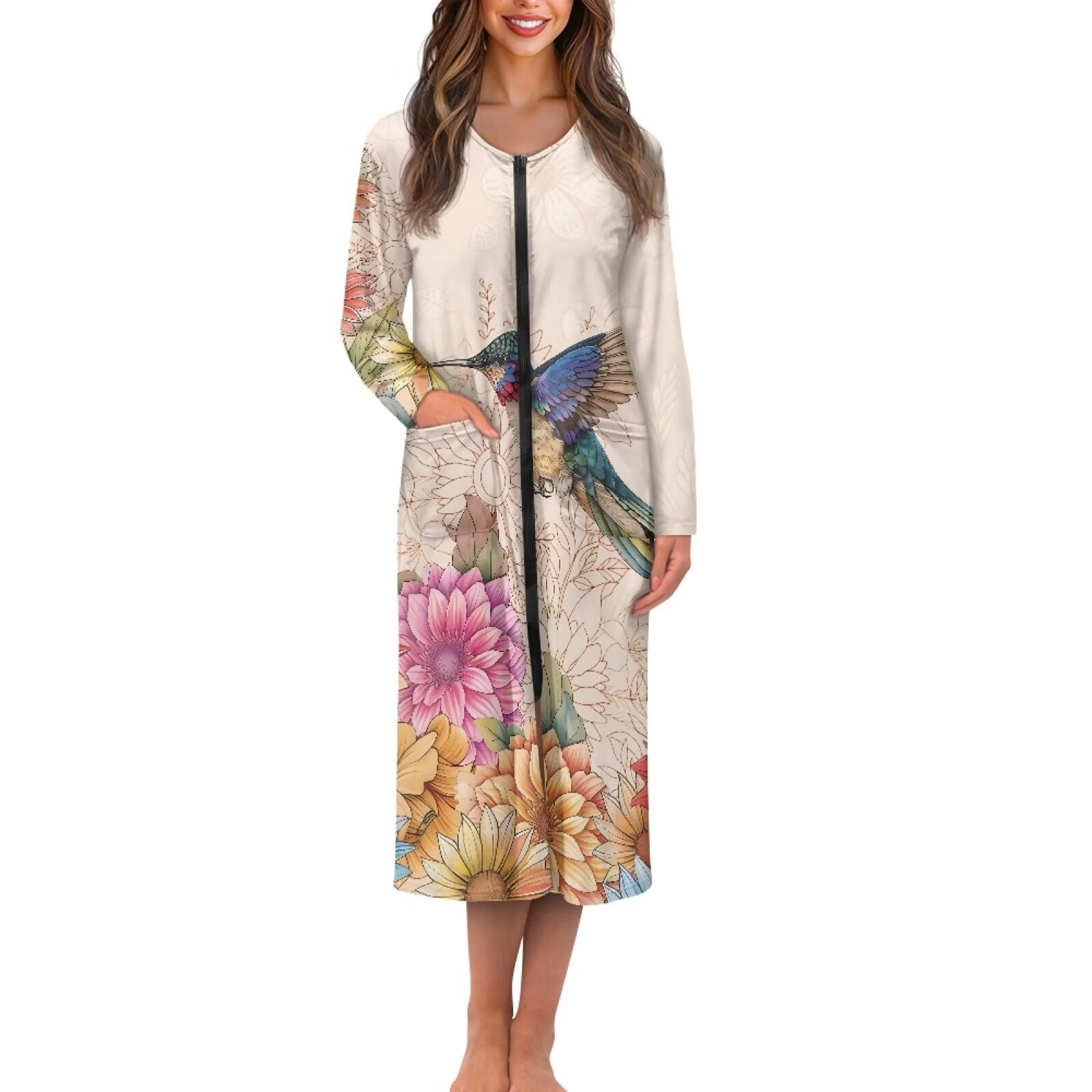 FKELYI Zippered Nightgowns for Women Ladies Long Sleeve Housecoat with ...