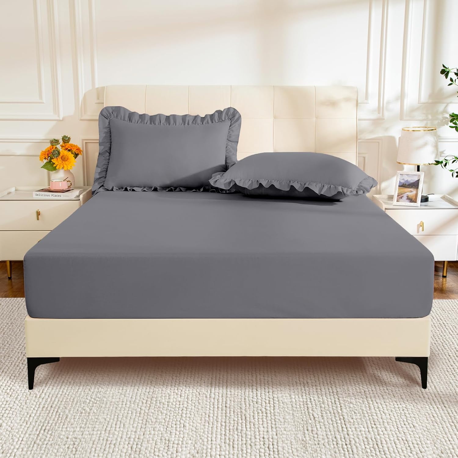 FKFISD-Twin Fitted Sheet with 1 Ruffle Pillowcases, Brushed Microfiber ...