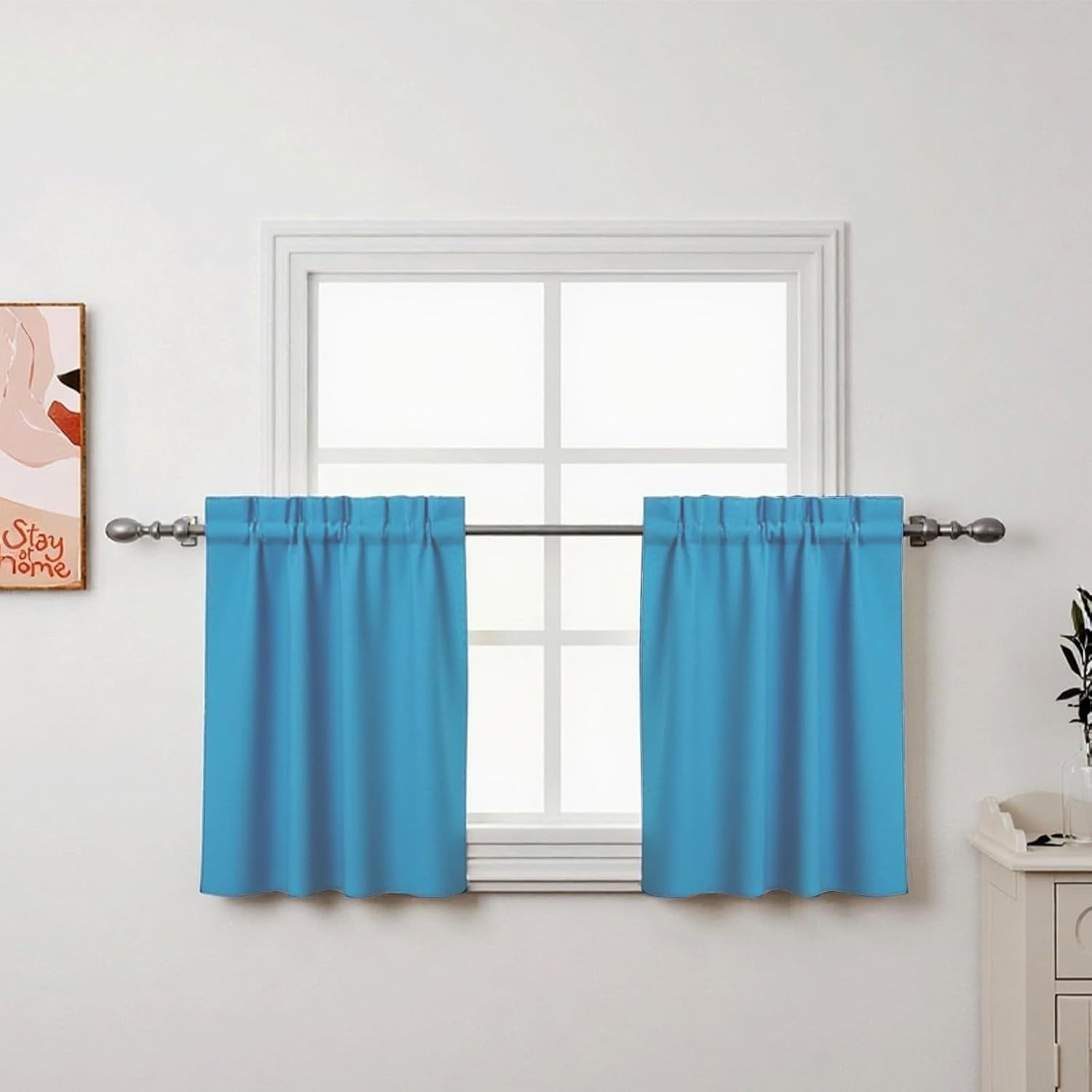 FKHDGF-2Pcs 24inch Teal Blue Kitchen Tier Curtains for Windows, Semi ...