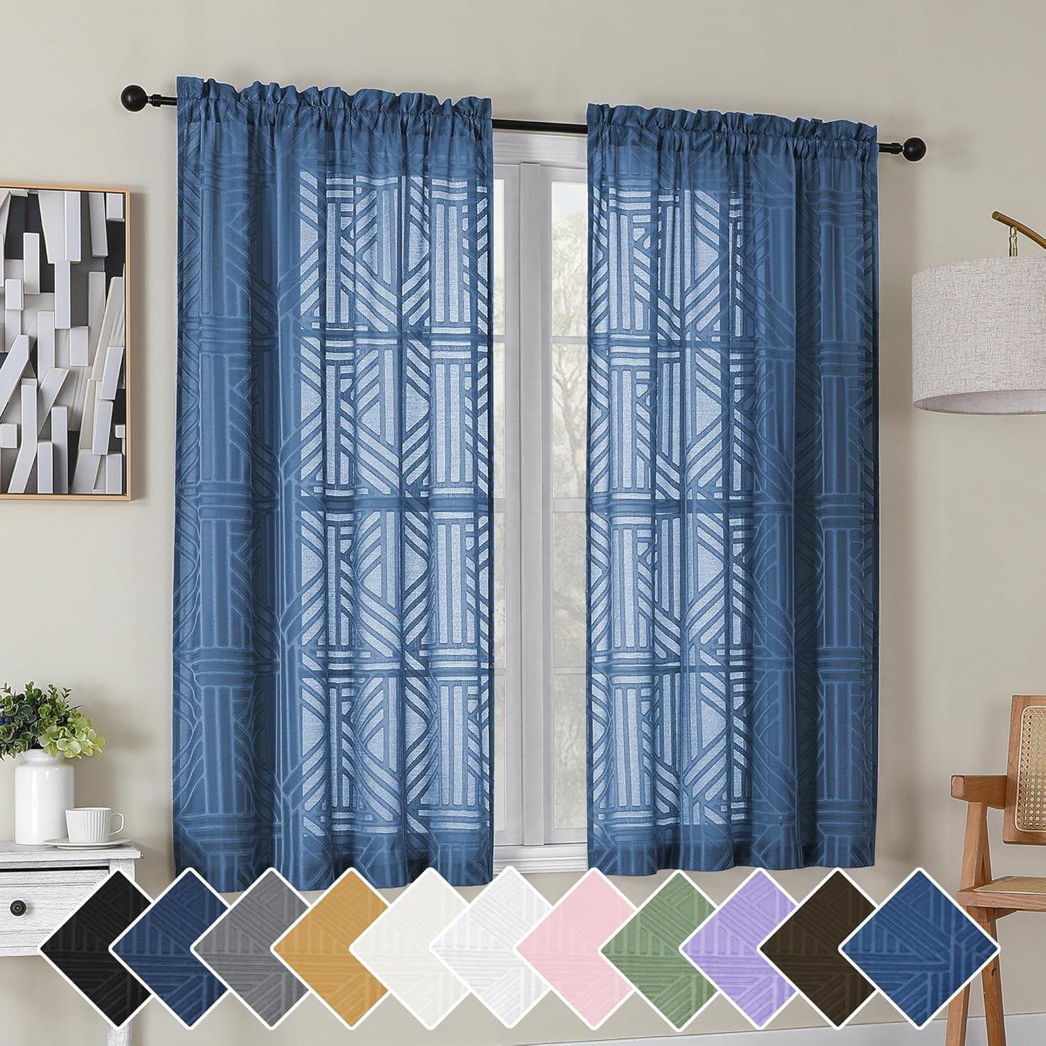 FKHDGF-Dusty Blue Semi Sheer Curtains 54 Inch Length 2 Panels, Geometric Jacquard Clip Textured ...
