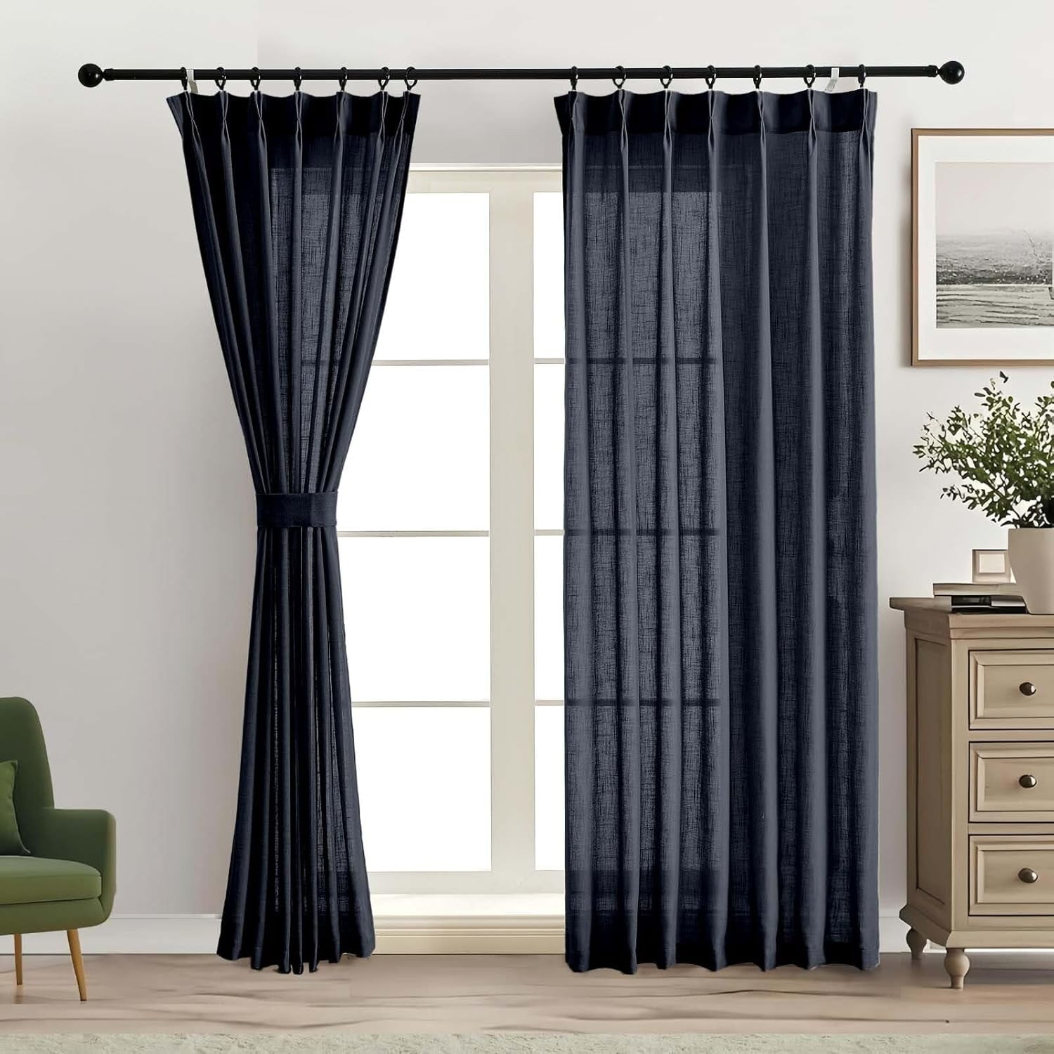FKHDGF-Navy Blue Semi Sheer Curtains 96 Inches Long 2 Panels, Pinch ...
