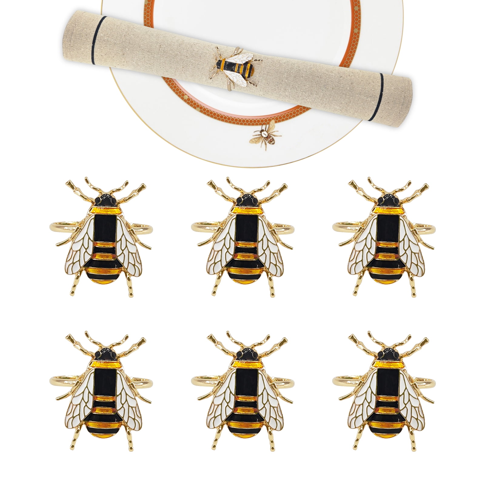 FKKsparkler Bee Napkin Rings - Set of 6, Enamel Coated Gold Metal for ...