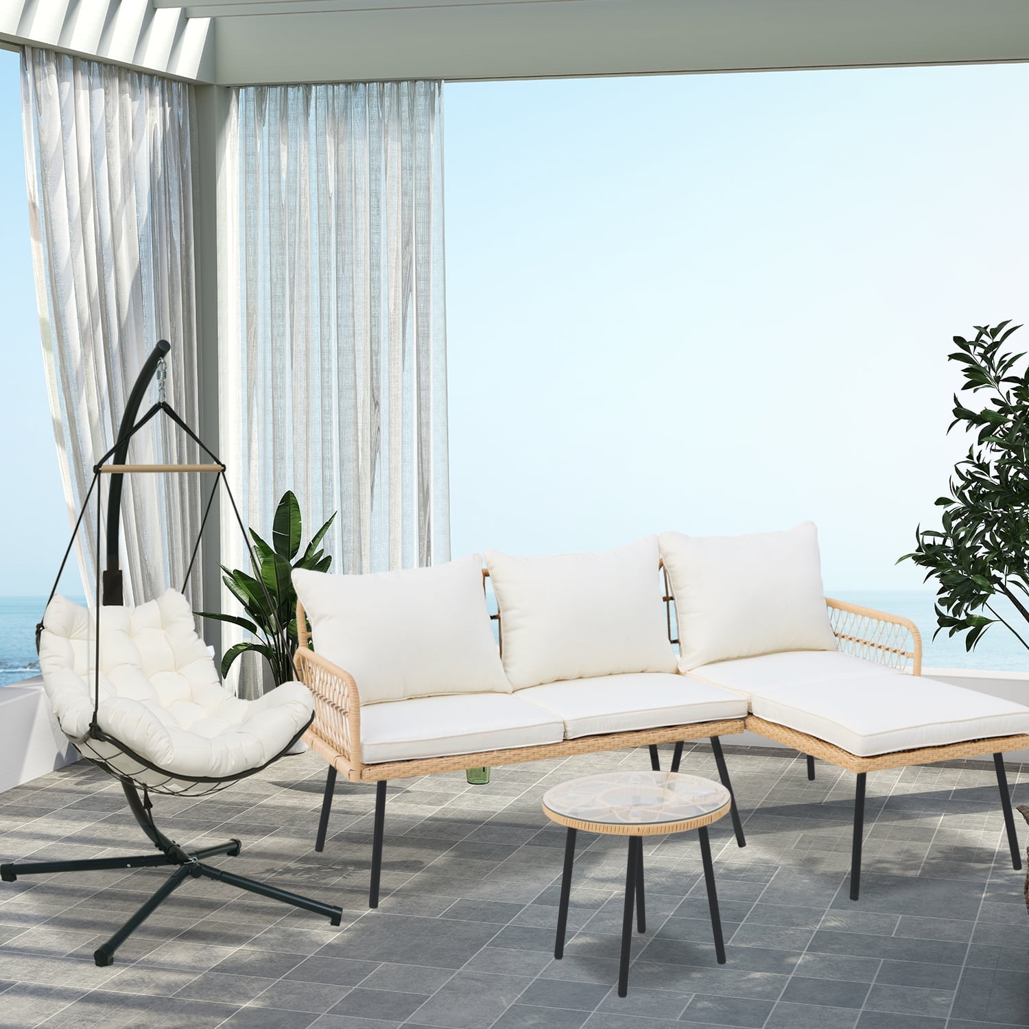 FKS LIFE Outdoor Patio Furniture Set with Egg Chair, L Shaped Wicker ...