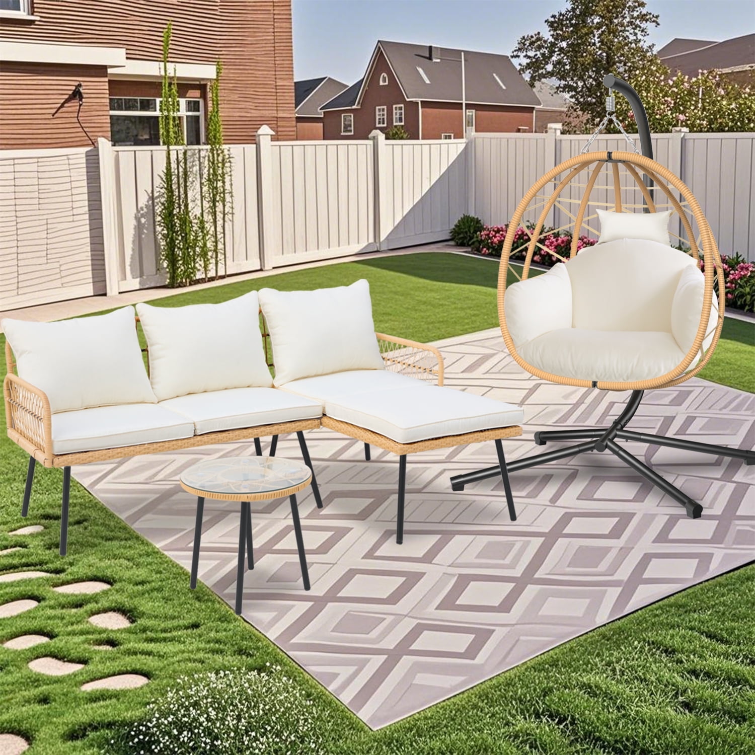 FKS LIFE Outdoor Patio Furniture Set with Egg Chair, L Shaped Wicker ...