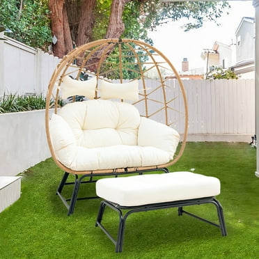 FKSLIFE Rattan Double Egg Swing Chair with Stand, Outdoor Patio ...