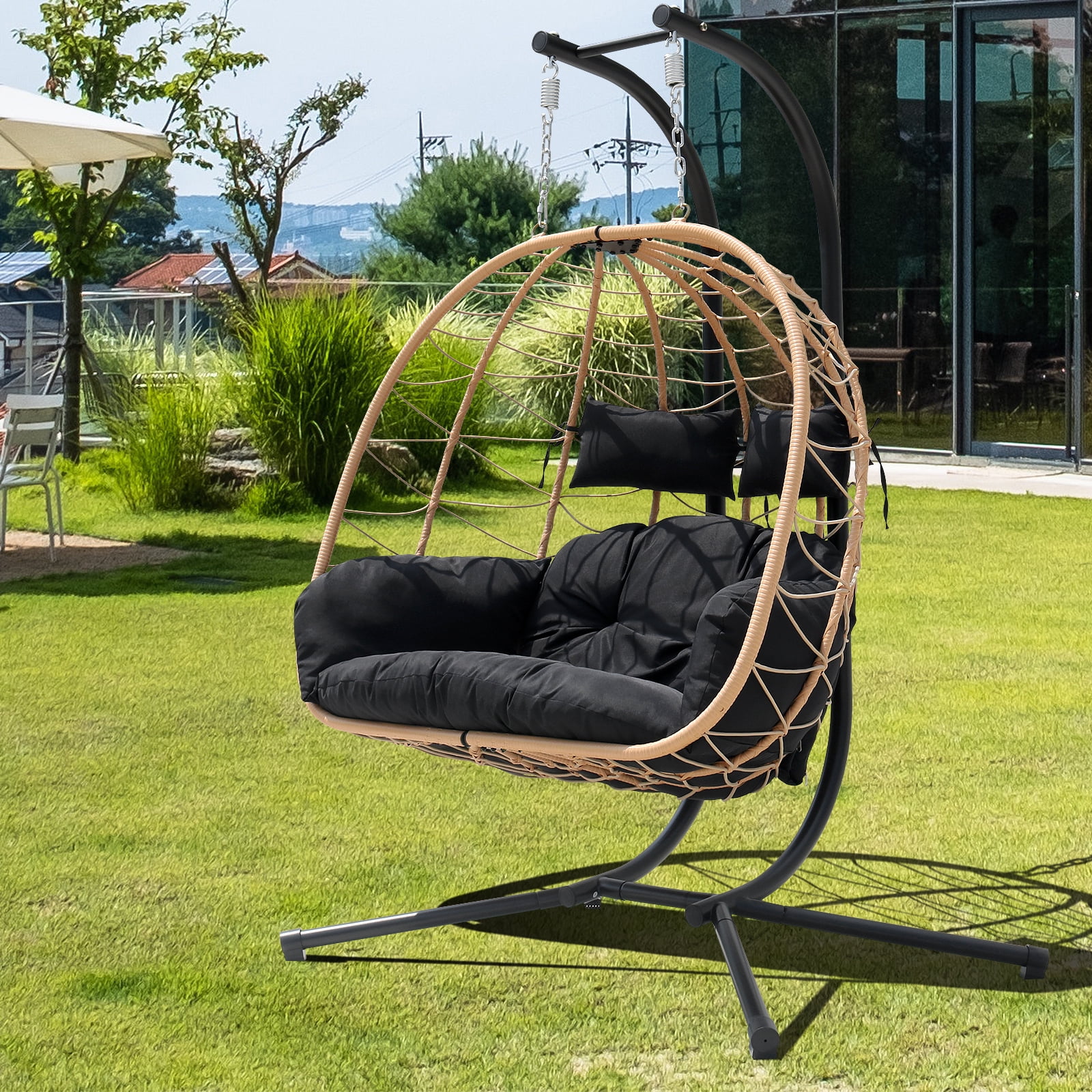 FKSLIFE Double Egg Chair with Stand Hammock Chair Cushion Outdoor Patio ...