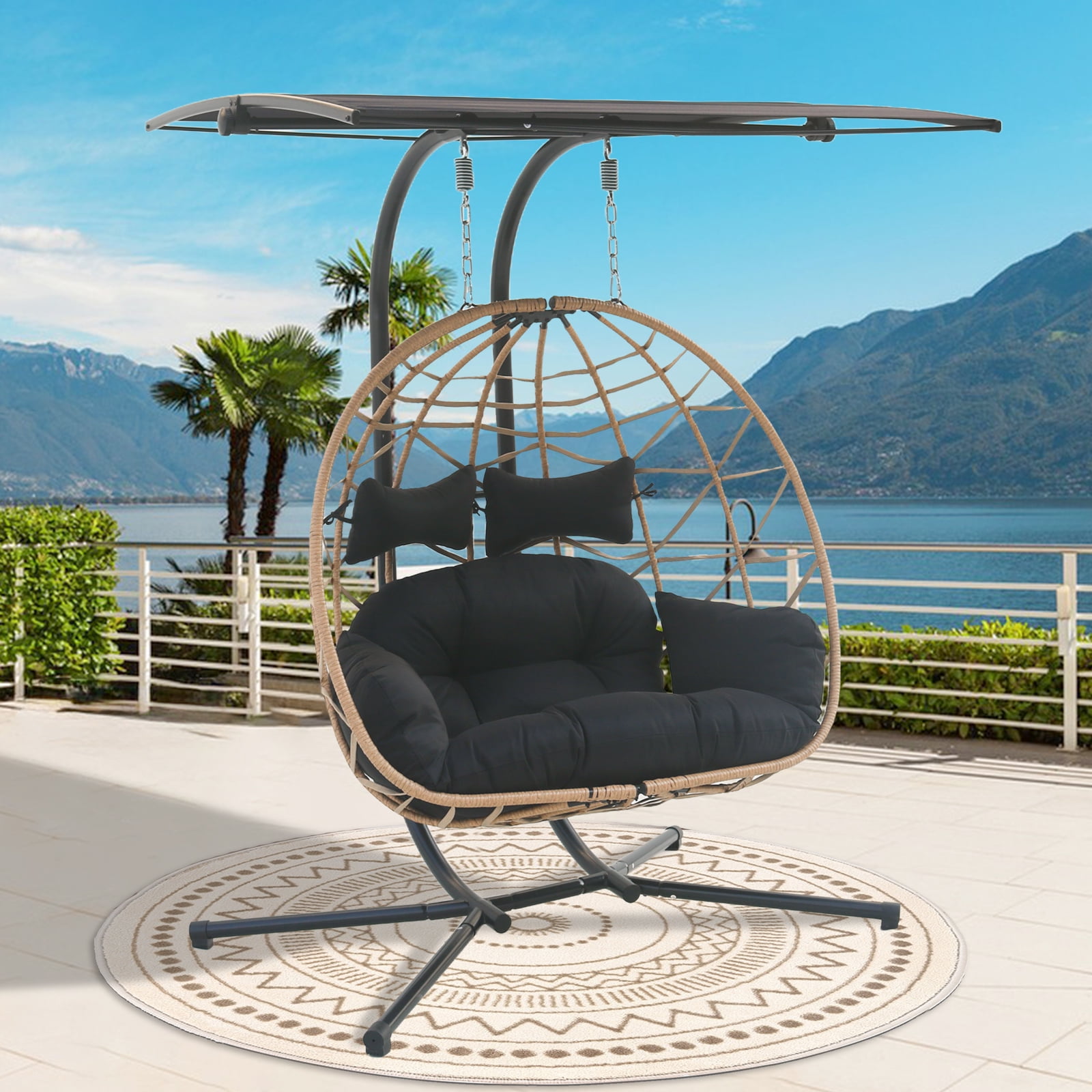 FKSLIFE Double Hanging Egg Chair Swing with Stand, Canopy, Cushion for ...