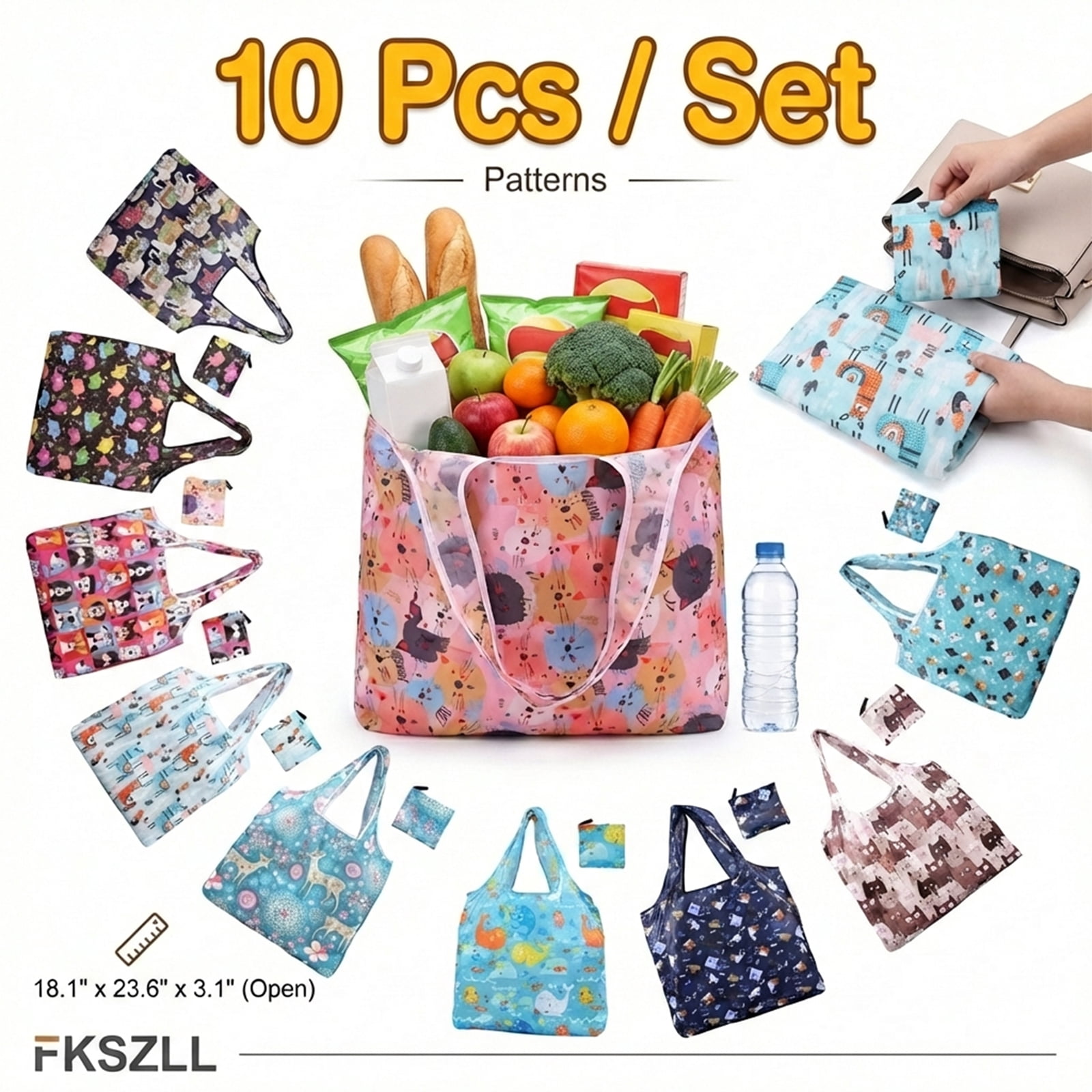 FKSZLL 10 Pack Large Shopping Bags, Reusable and Foldable Grocery Bags ...